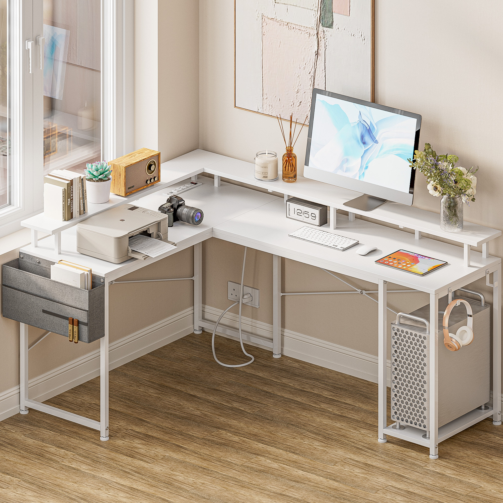 Ebern Designs Rigny 66.4" L Shaped Desk with Outlets & USB Ports ...
