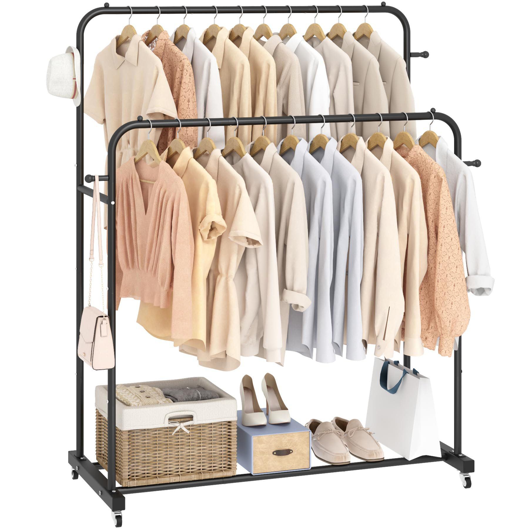 Latitude Run® Double Rods Garment Rack with Wheels, Clothing Rack for ...