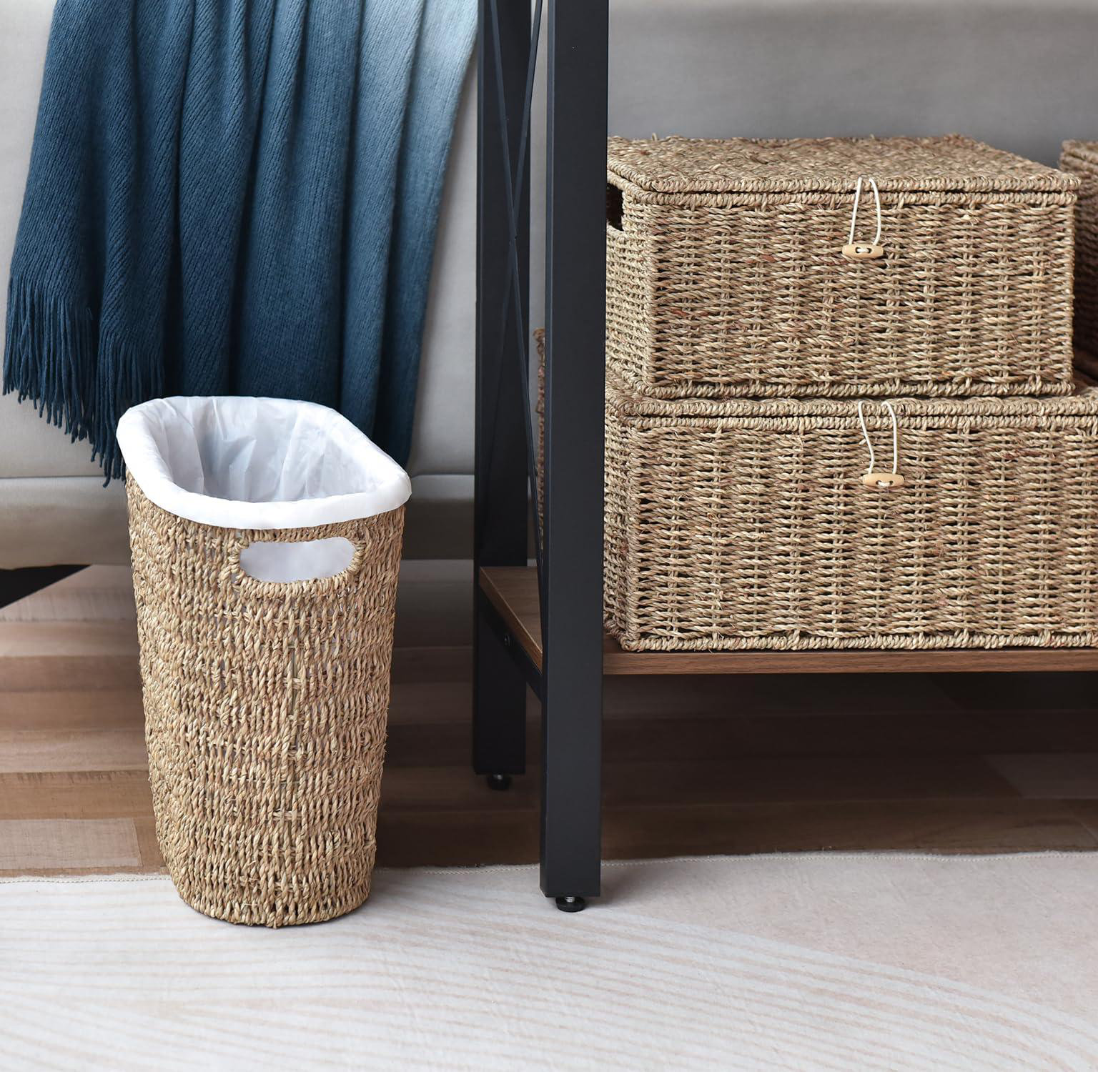 COOREL Wicker Waste Basket, Wicker Trash Basket With Built-In Handles ...