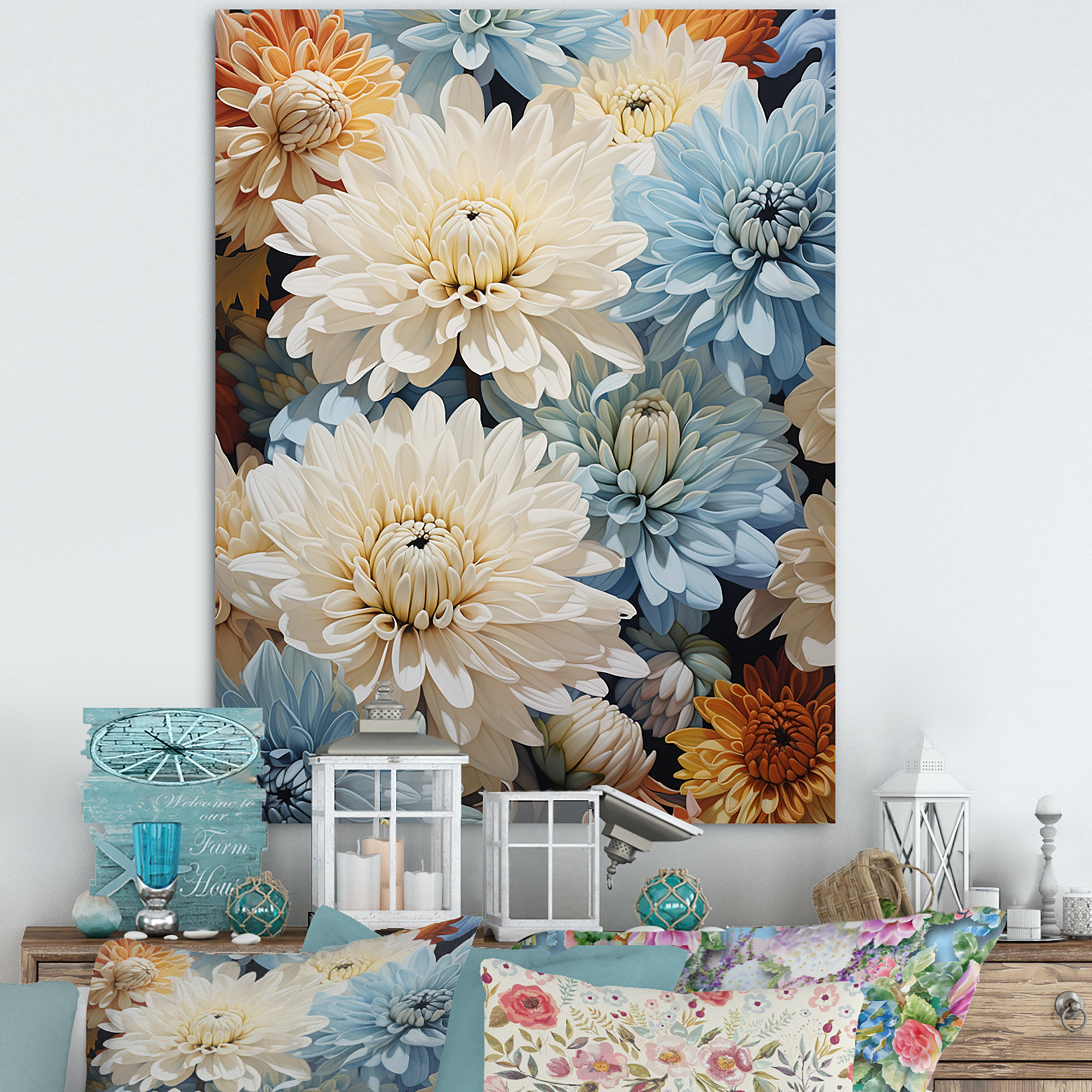 Design Art Blooming Mums In Beige And Blue III On Canvas Print | Wayfair