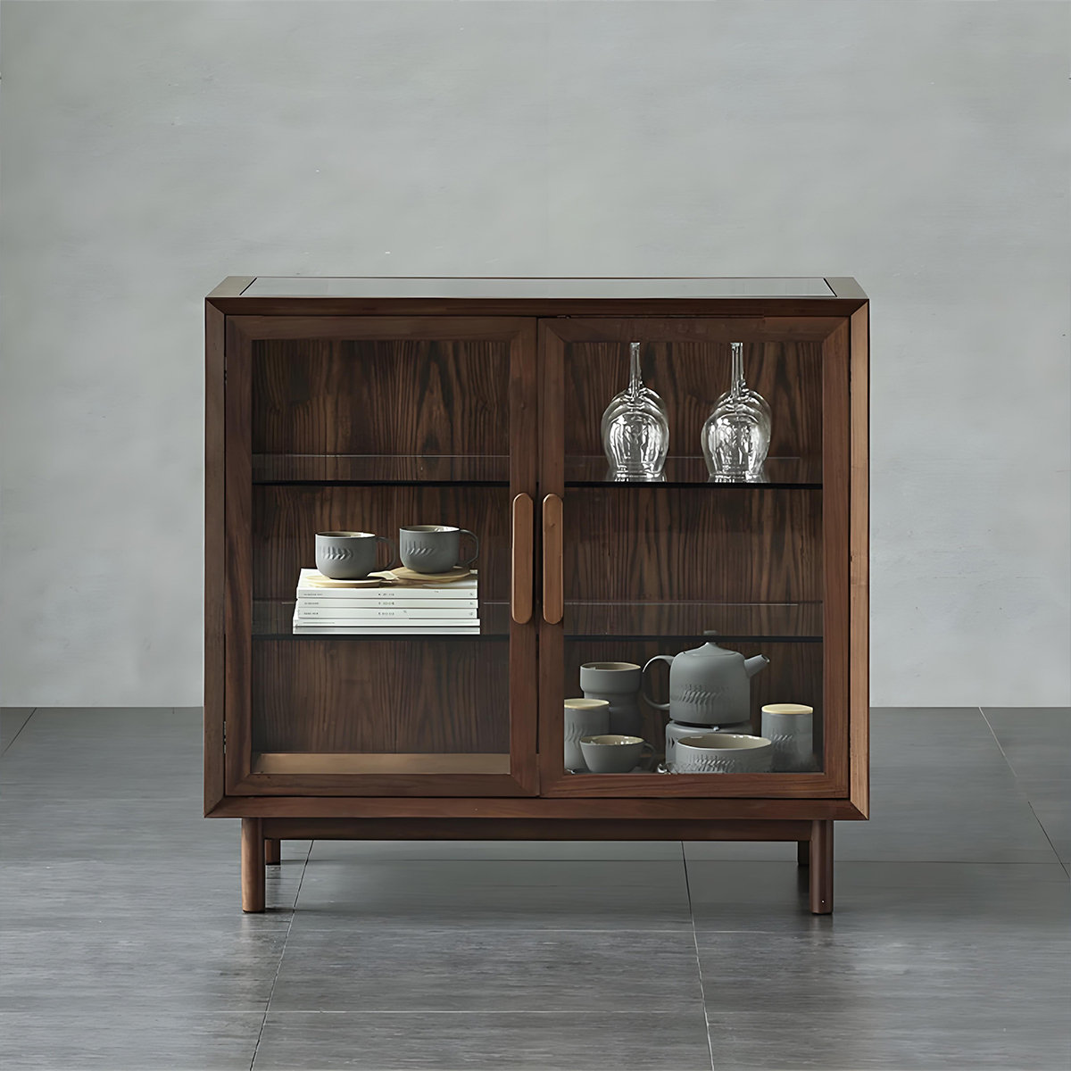 Corrigan Studio® Modern Minimalist Solid Wood Side Cabinet with Walnut and Clear Glass Wine ...