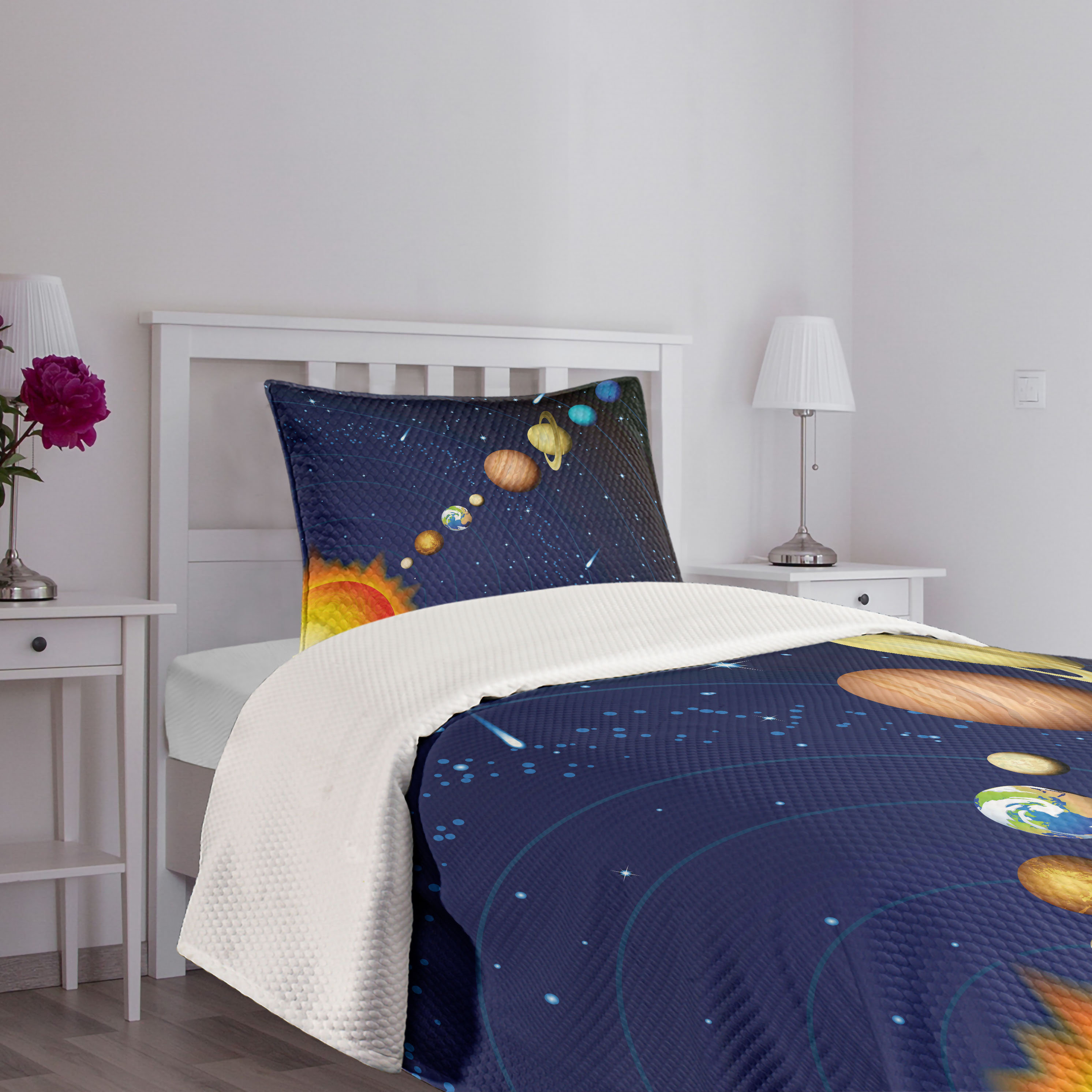 Ambesonne Space Bedspread Set Solar System with Sun Dark Blue Orange ...
