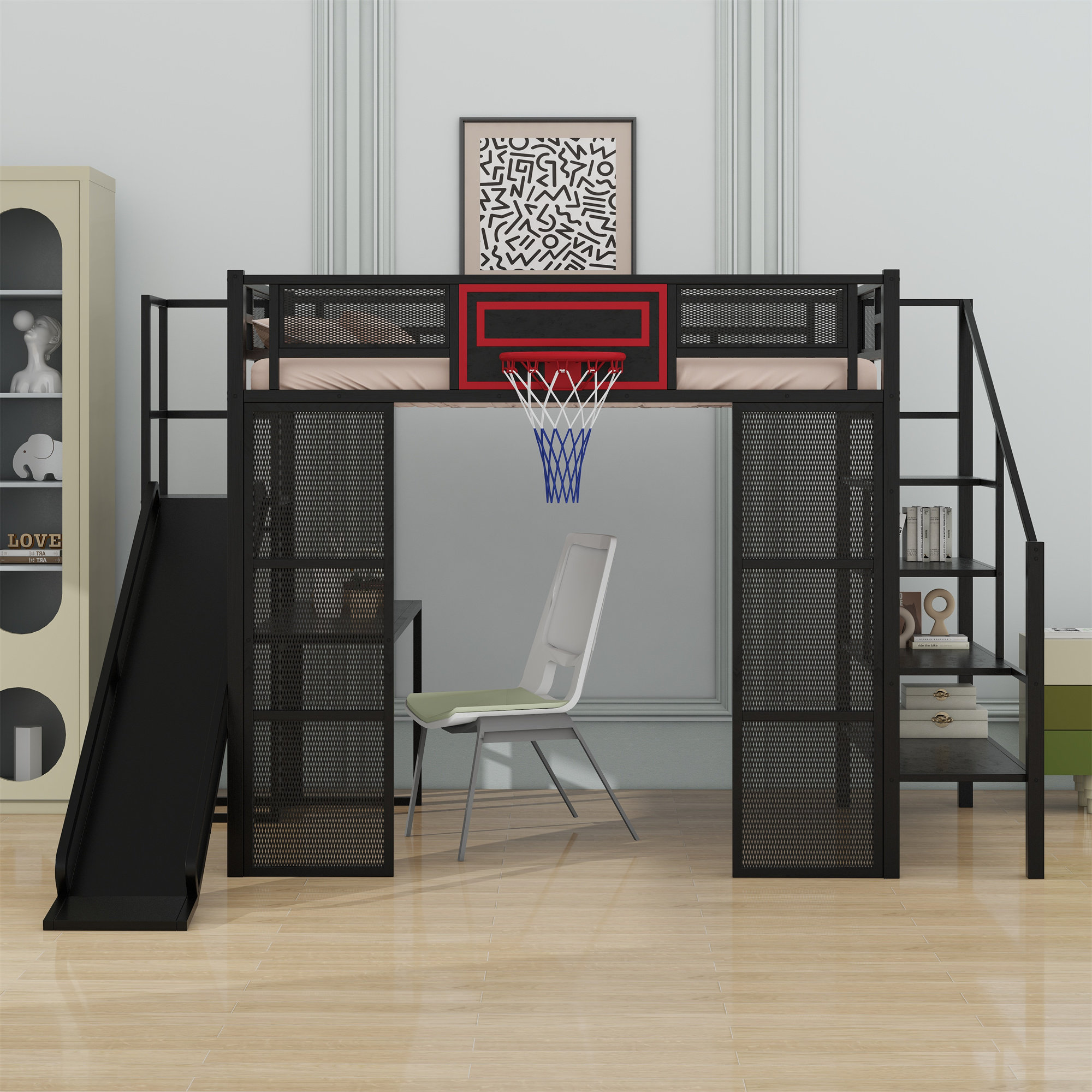 Mason & Marbles Metal Loft Bed With Built-In Desk, Open Wardrobe ...