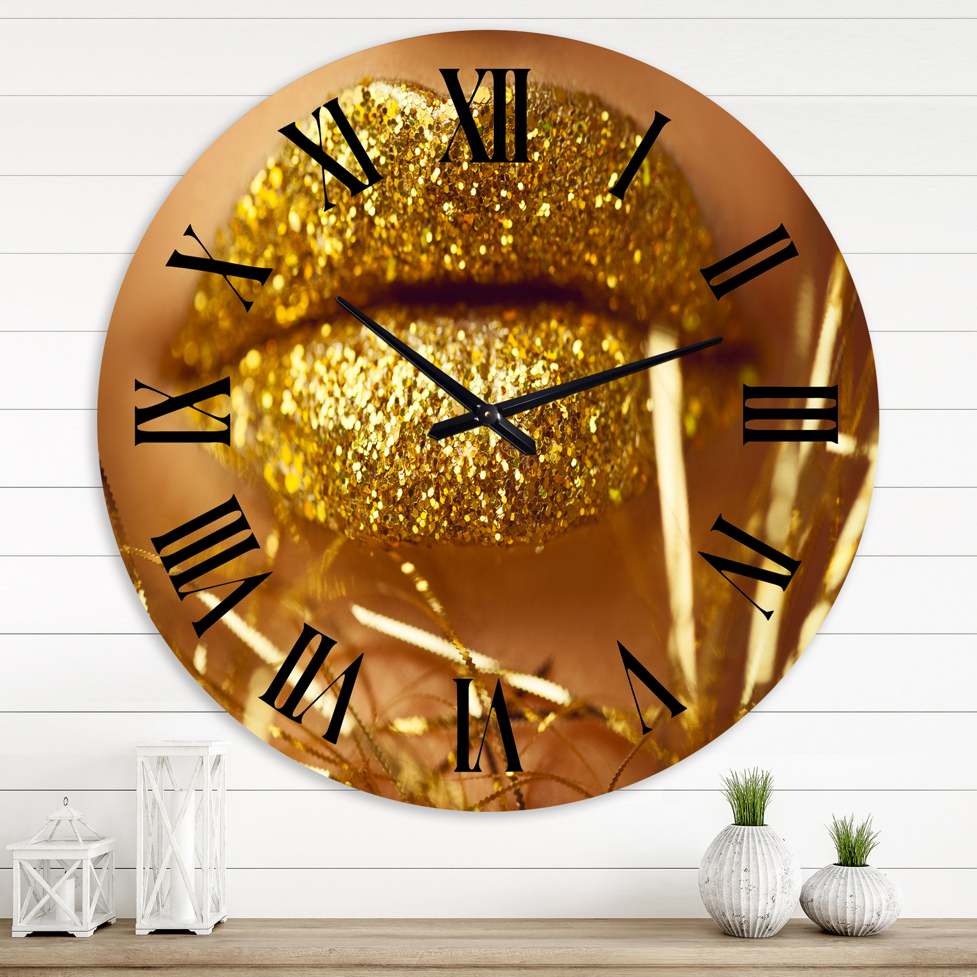 East Urban Home Golden Woman Lips - Modern wall clock | Wayfair