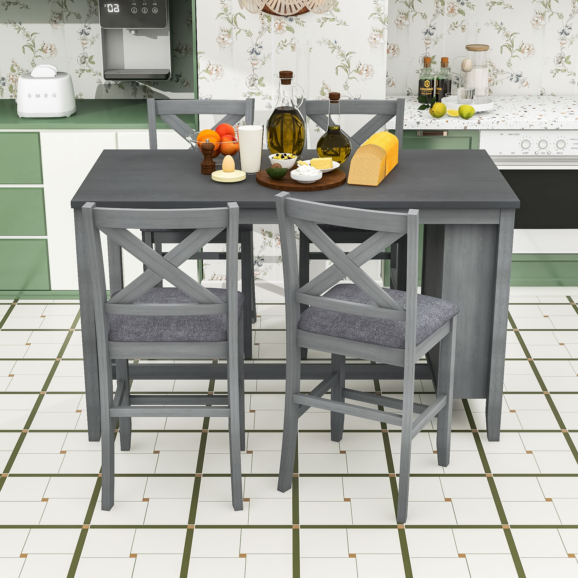 August Grove® Farmhouse 5Pcs Counter Height Dining Set with Rectangular ...