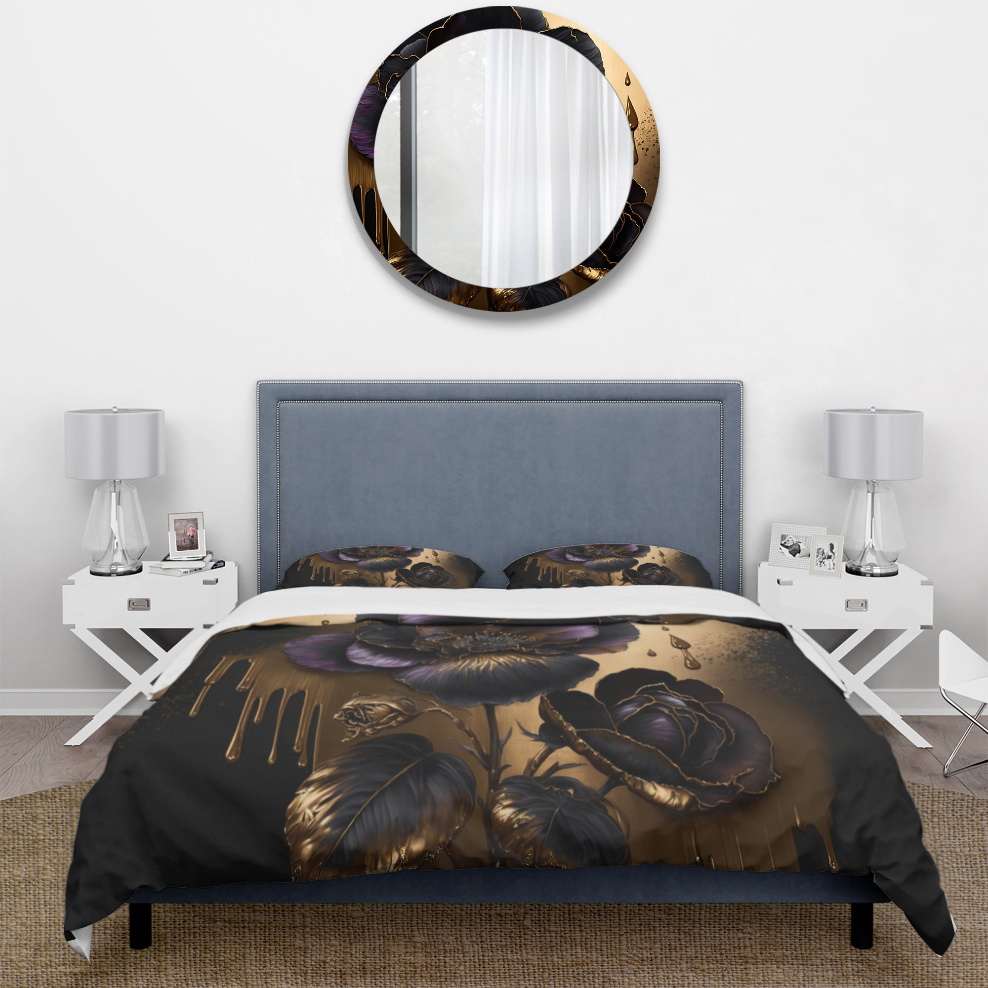 Design Art Black And Gold Violets II - Floral Violet Duvet Cover Set ...