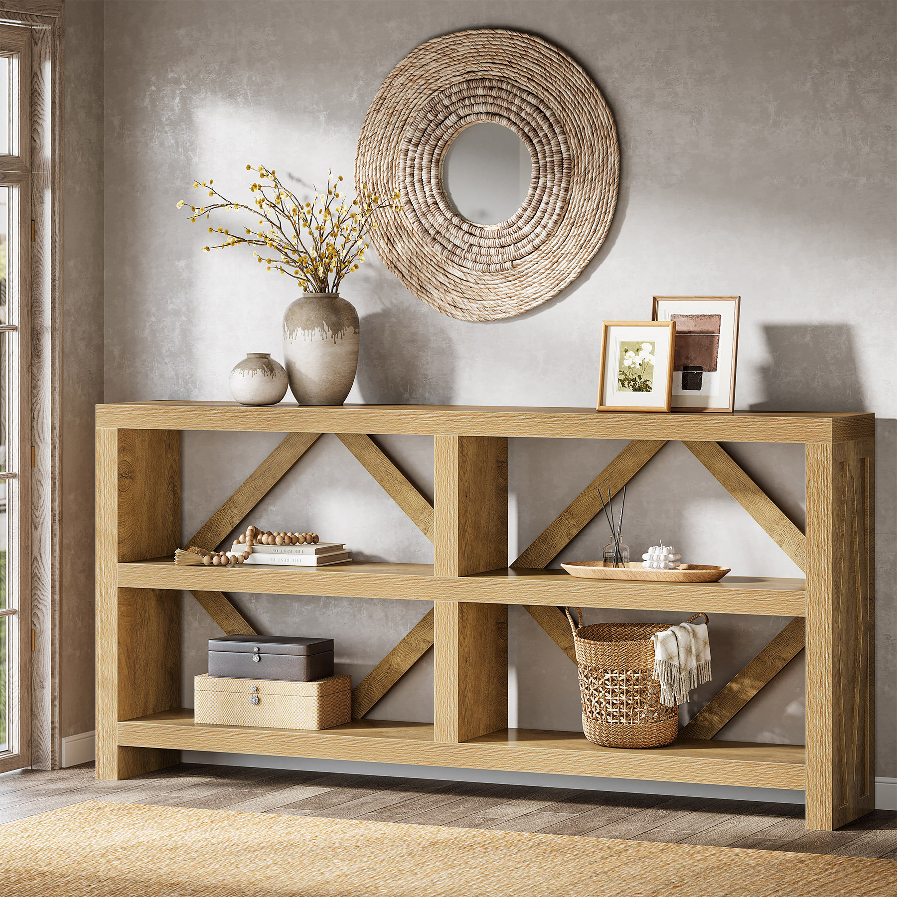 Ebern Designs 71-Inch Long Console Table With Storage Shelves, Wood ...