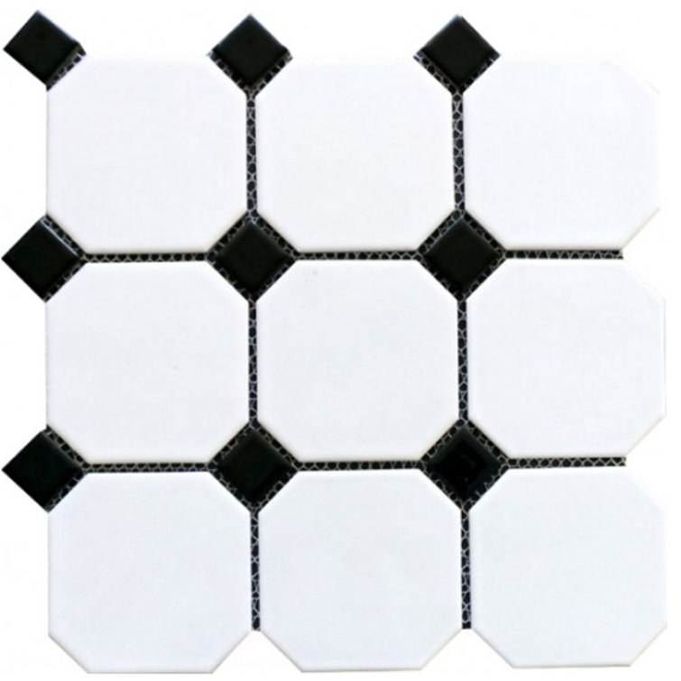 Tileville 4x4 Matte White Octagon With Shiny Black Dot Porcelain Mosaic ...