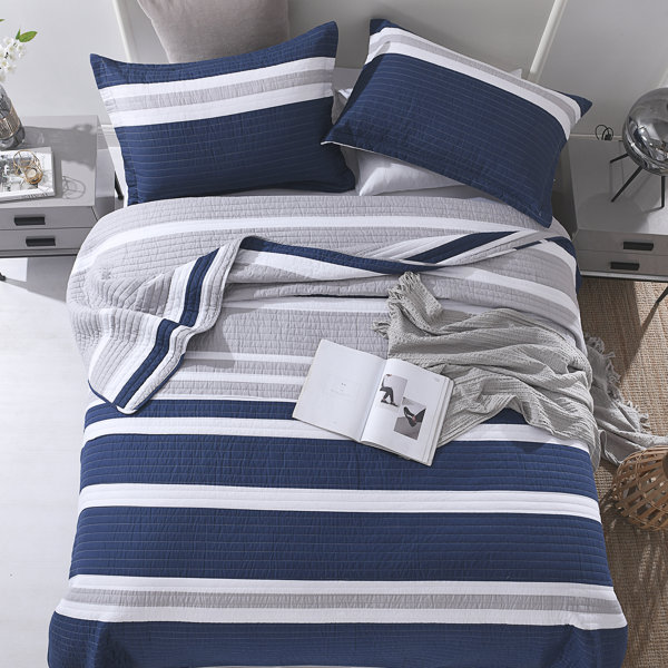 Finlonte 100% Cotton Boho Quilt Set Navy Blue Stripe 3 Piece with 2 ...