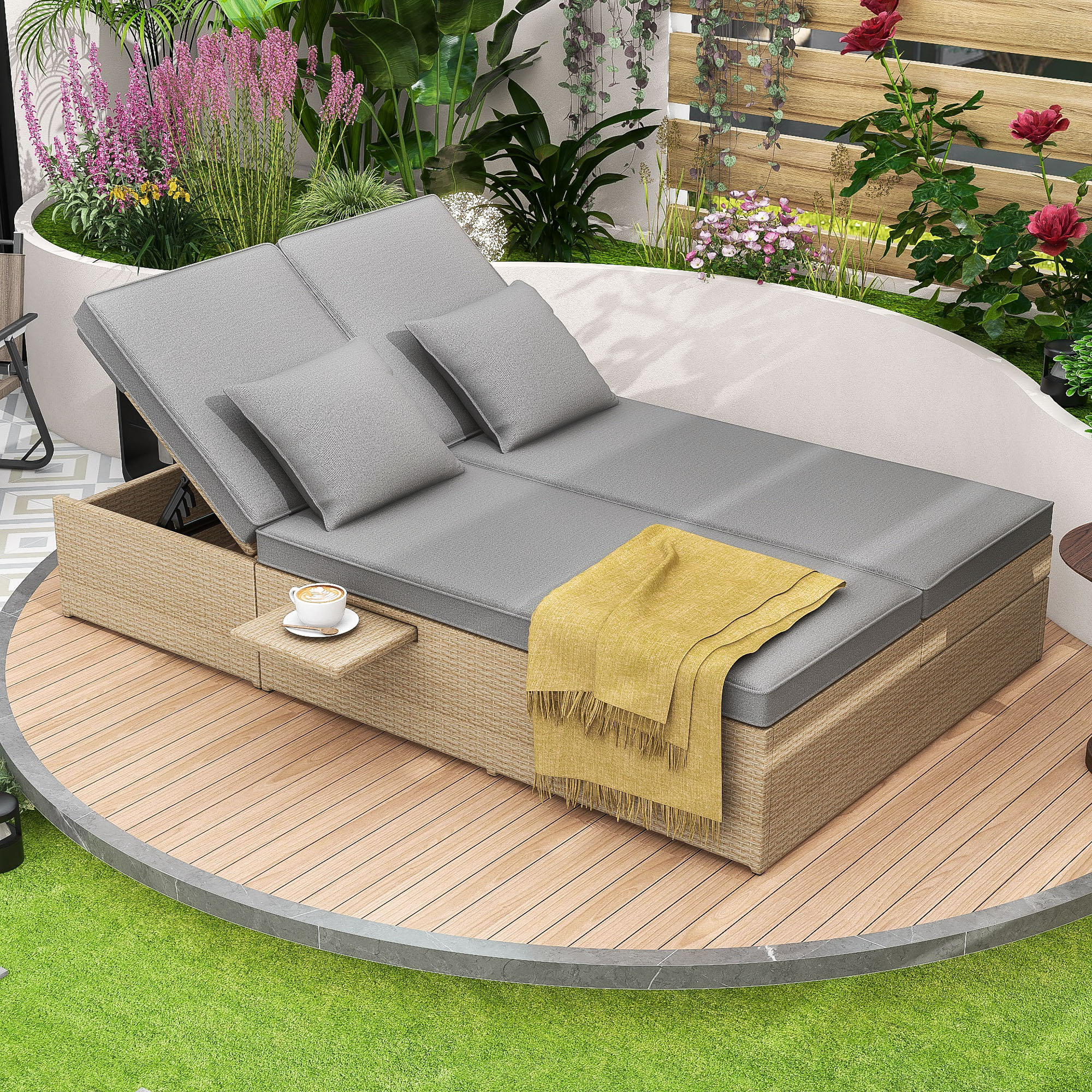 Latitude Run® Dual Wicker Rattan Outdoor Sunbed with Adjustable ...