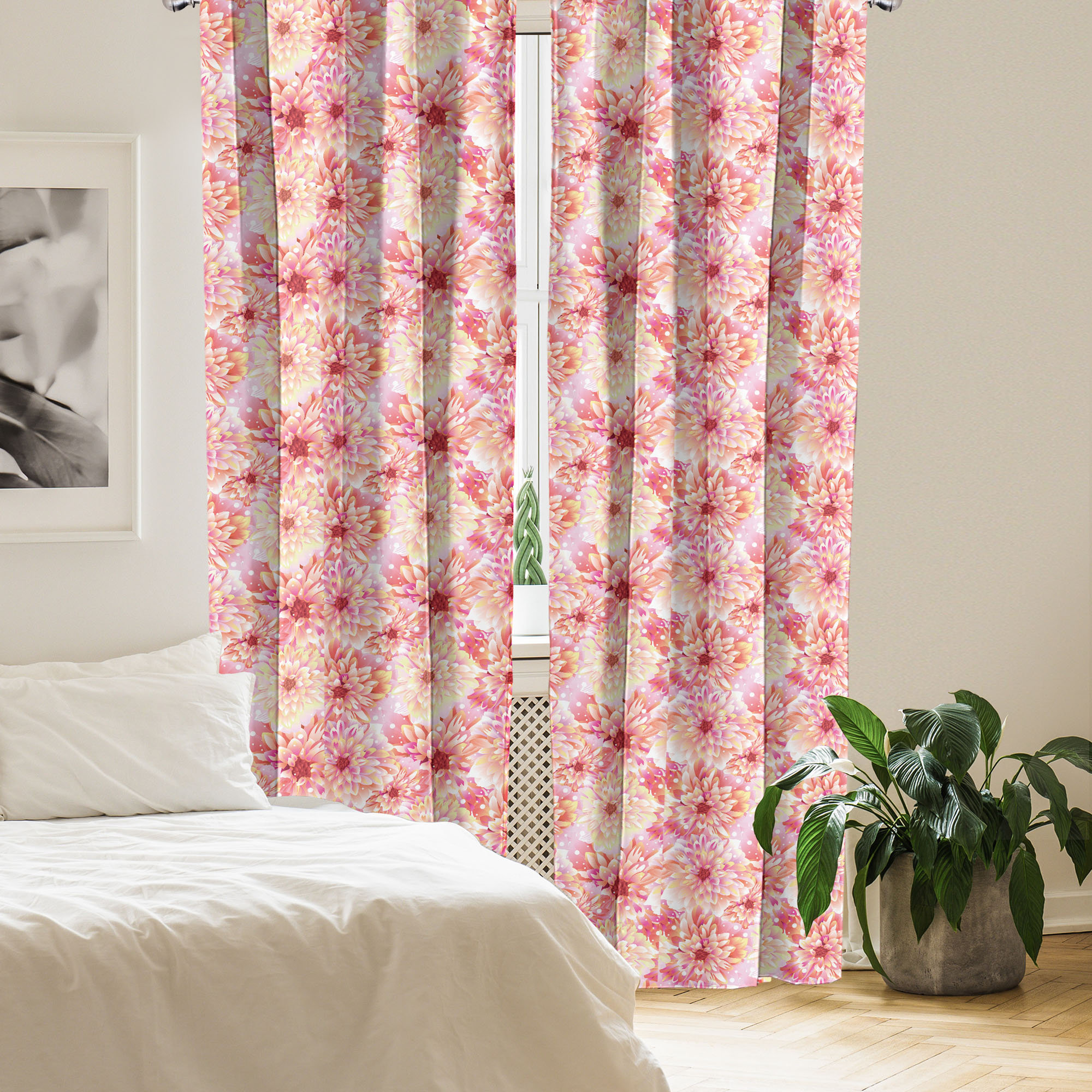 East Urban Home Pink 4-Panel Curtains, Dahlias Floral, Pink Yellow ...