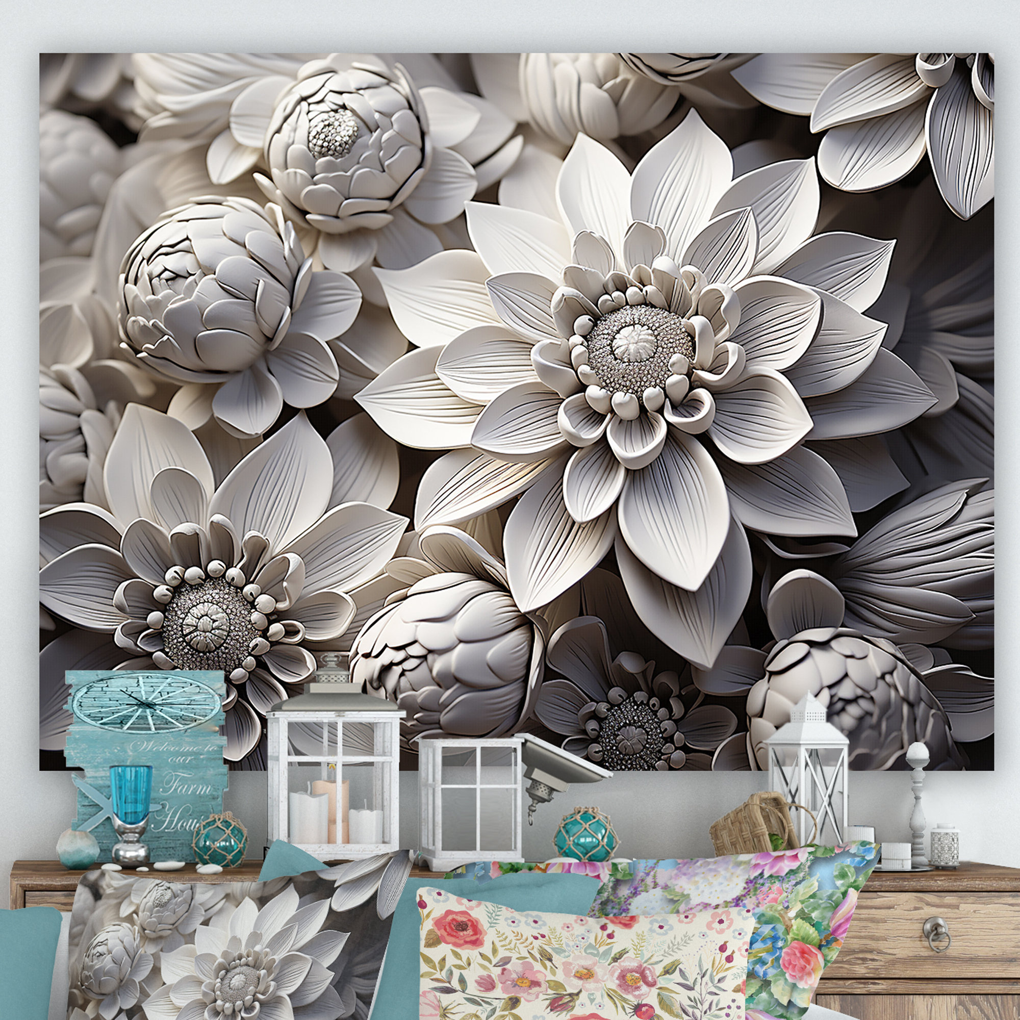 Design Art Transparent Depiction Of White Zinnias I - Zinnias Wall ...