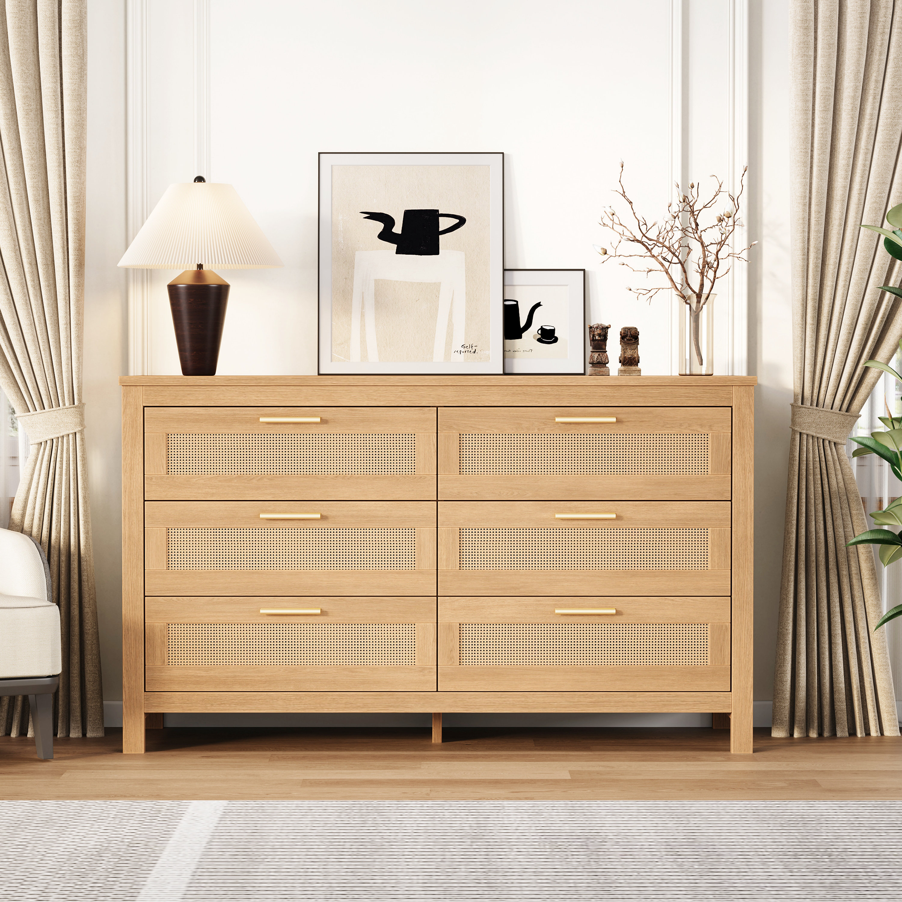 Bay Isle Home™ Natural Dresser With 6 Rattan Decorated Drawers, Boho ...