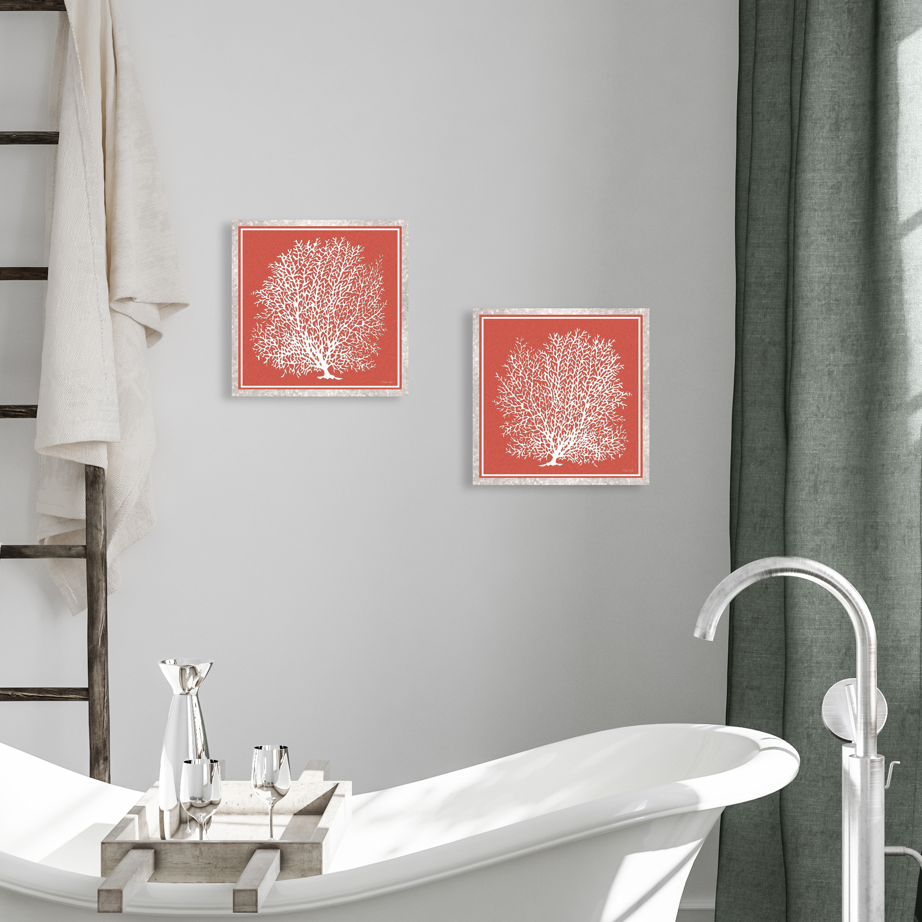 Dovecove Coastal Coral On Red By Cindy Jacobs, Canvas Art (Set Of 2 ...