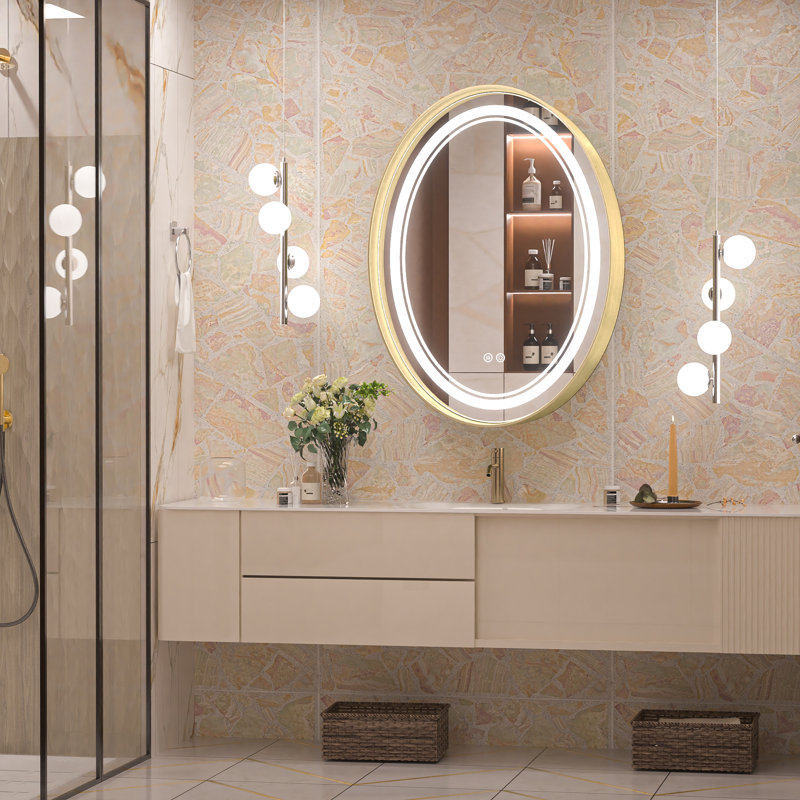 Orren Ellis Vinia Oval LED Lighted Bathroom Vanity Mirror Dimmable and ...