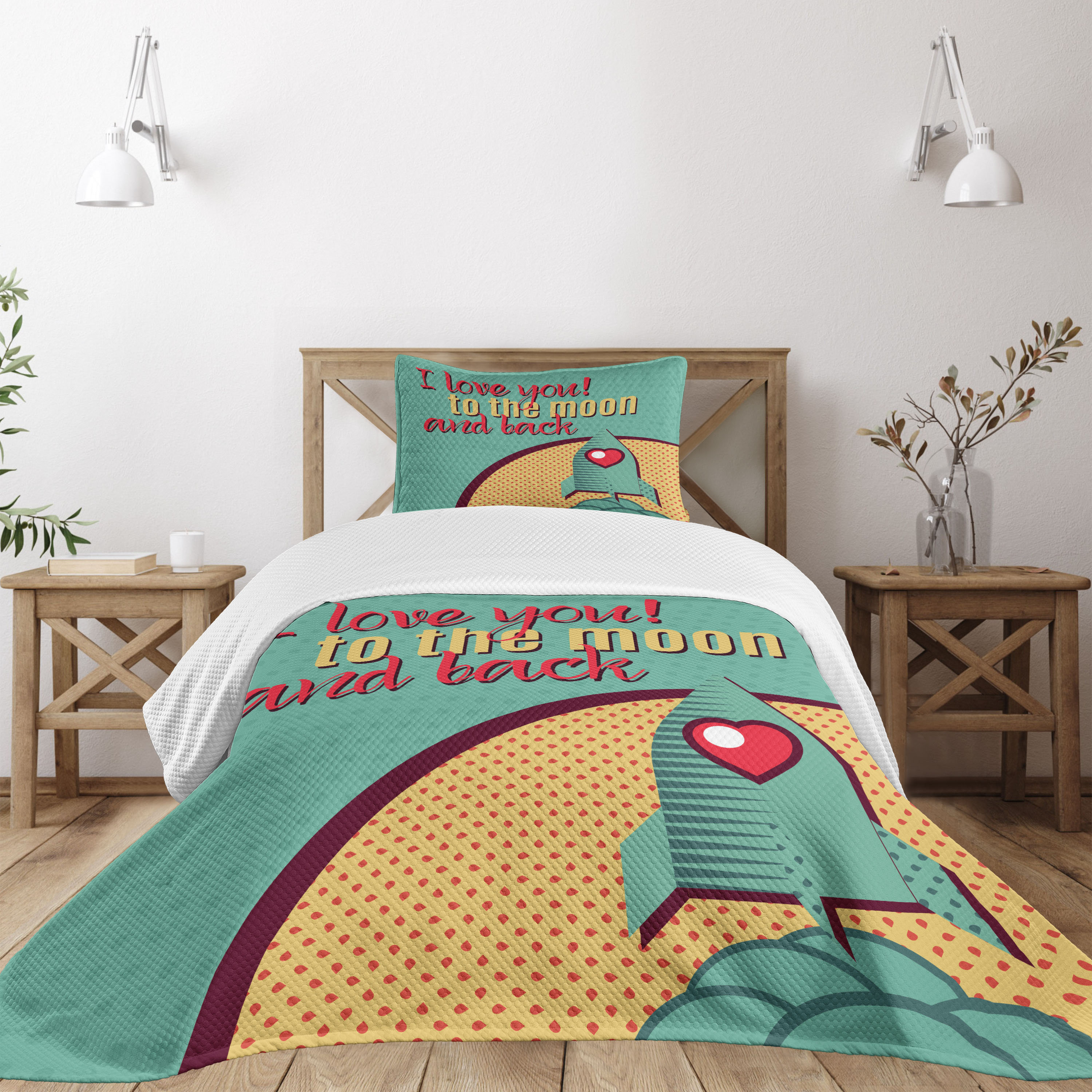 Ambesonne I Love You Bedspread Moon and Back Rocket Turquoise Mustard ...