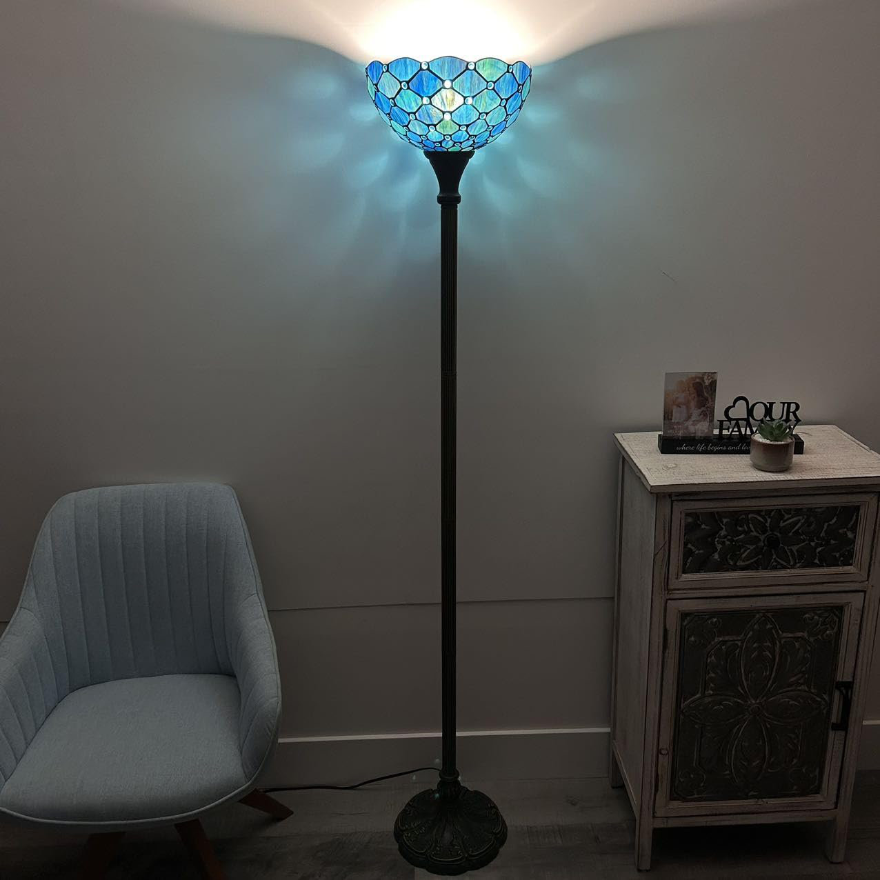 Astoria Grand Tiffany Torch Floor Lamp Blue Green Stained Glass Crystal ...