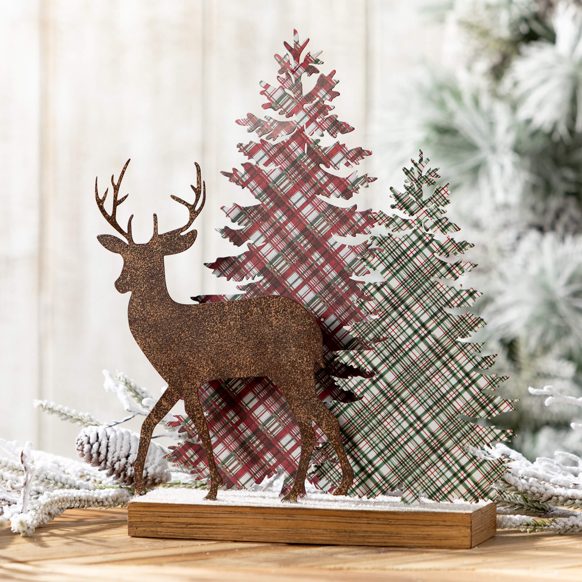 The Holiday Aisle® 16.25" Christmas Plaid Tabletop Deer Scene, Brown ...