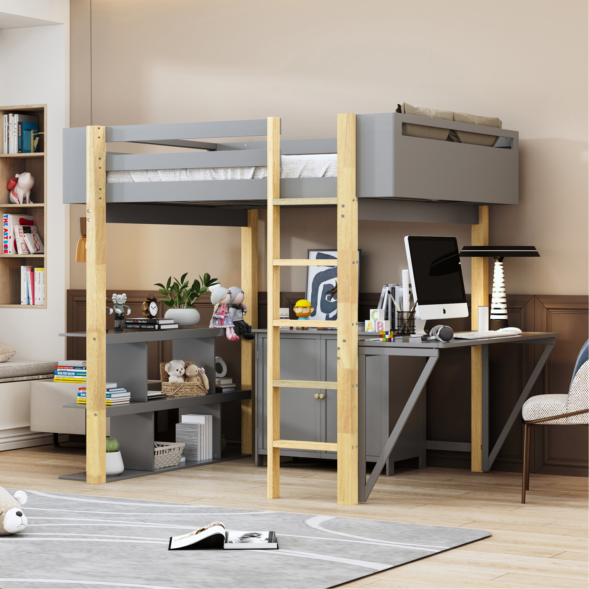 Latitude Run® Wood Loft Bed With Built-In Storage Cabinet And Foldable ...