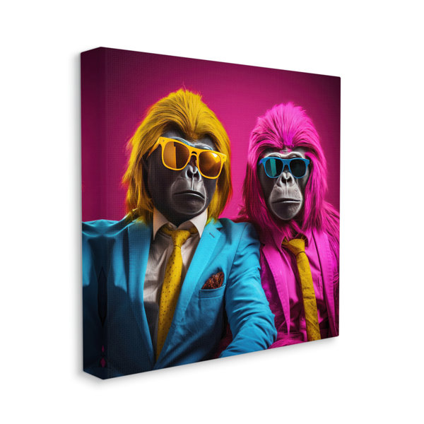 Trinx Pink And Yellow Gorillas On Canvas by Irena Orlov Print | Wayfair