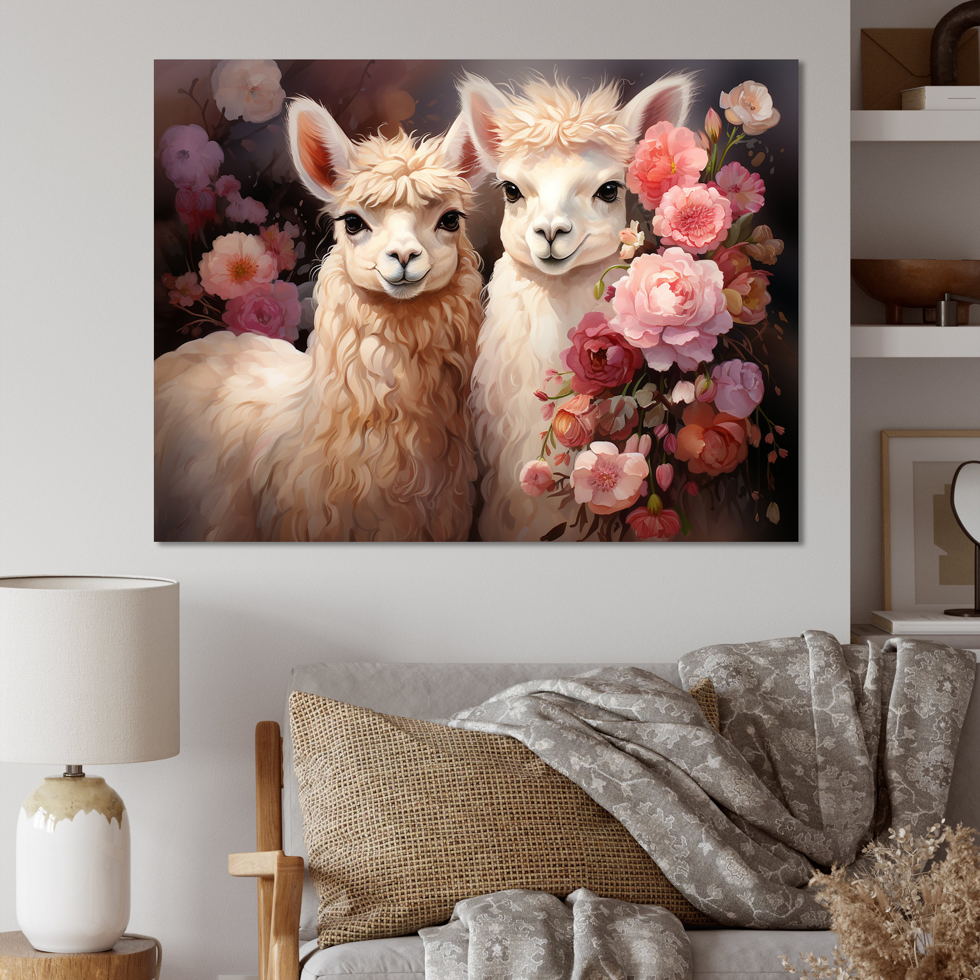 Bungalow Rose Fluffy Alpacas Floral Portrait - Alpaca Wall Art | Wayfair