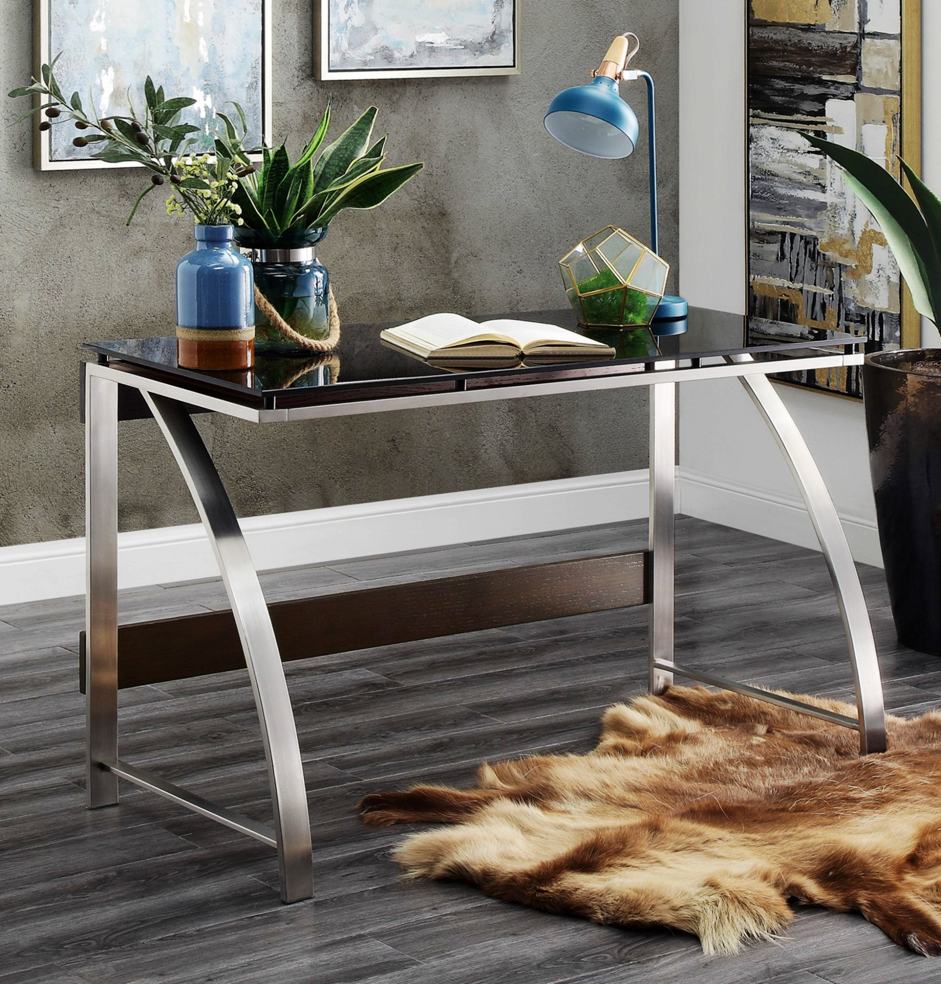 One Allium Way® Writing Desk With Glass Top And Stainless Steel Frame ...