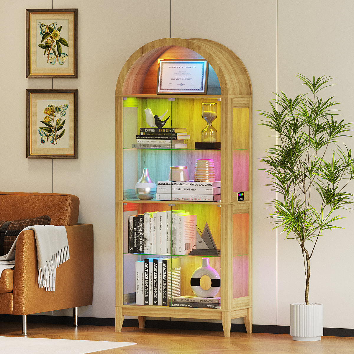 HNEBC Modern Arched Bookshelf With Tempered Glass Doors & App ...