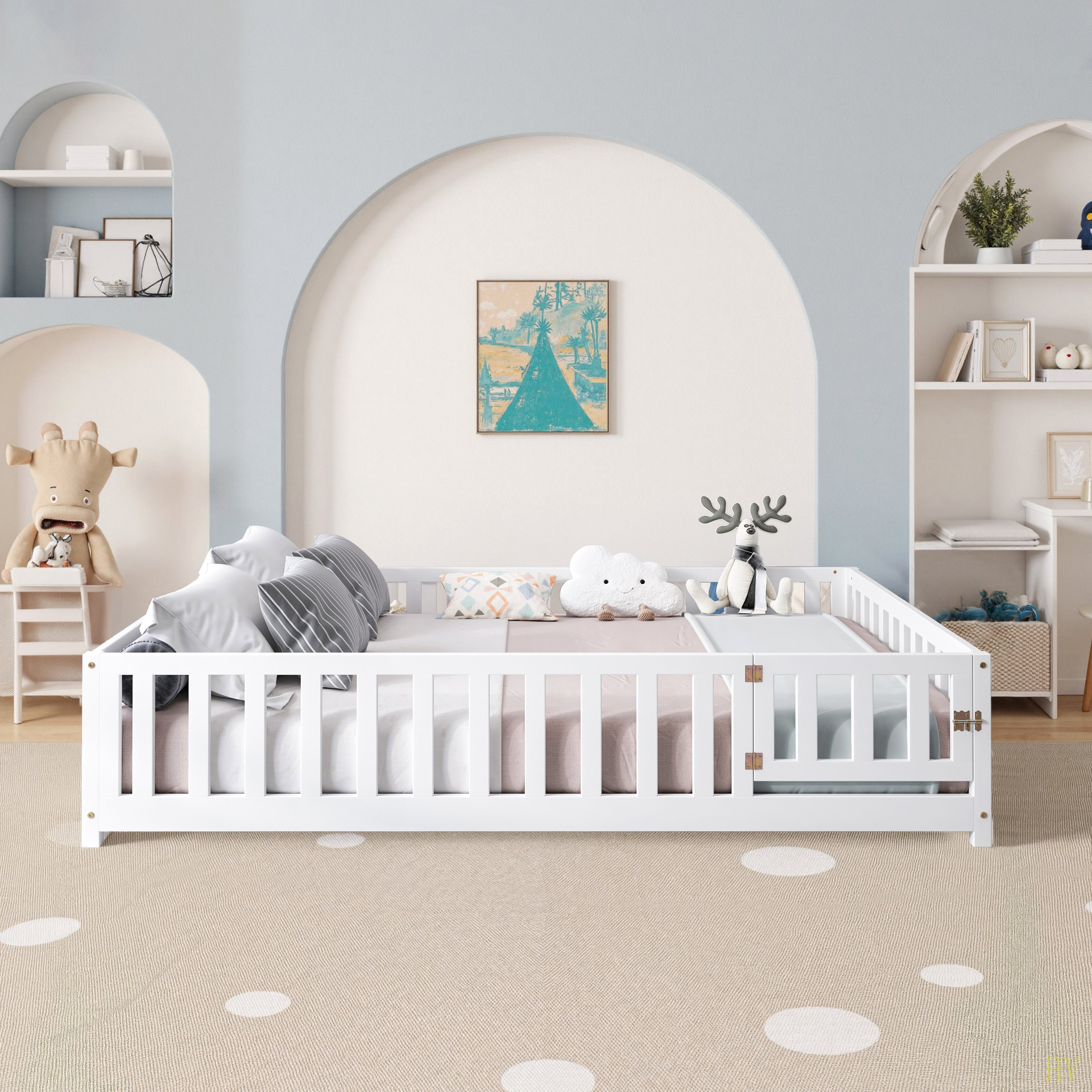 Ophelia & Co. Full Size Floor Platform Bed With Fence And Door For Kids ...