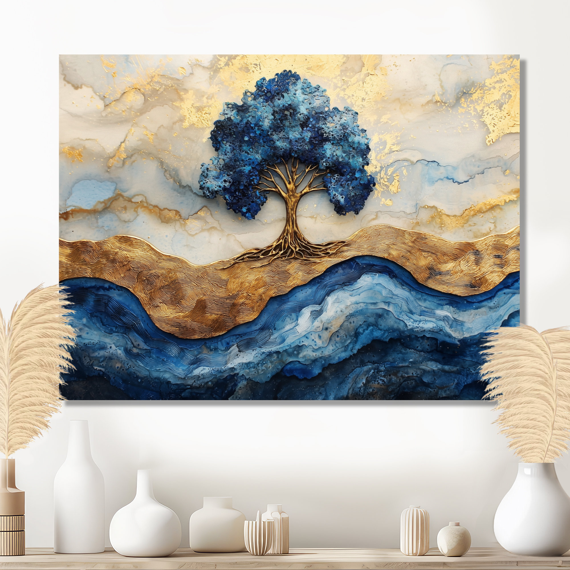 Mercer41 Aqua Infinite Golden Tree Of Life I - Tree Of Life Canvas Wall ...