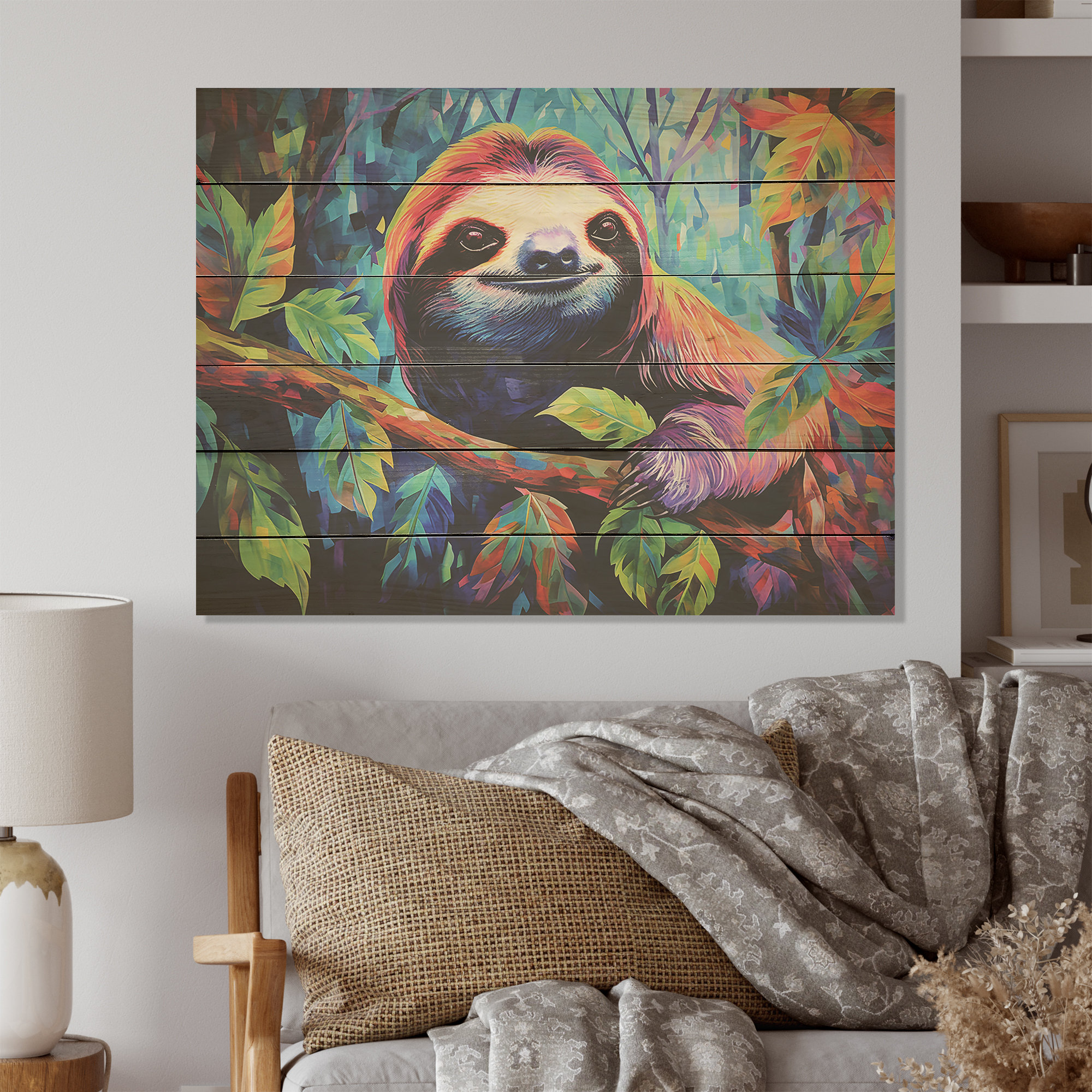 Winston Porter Colorful Pop Art Sloth I - Sloth Wood Art On Natural ...