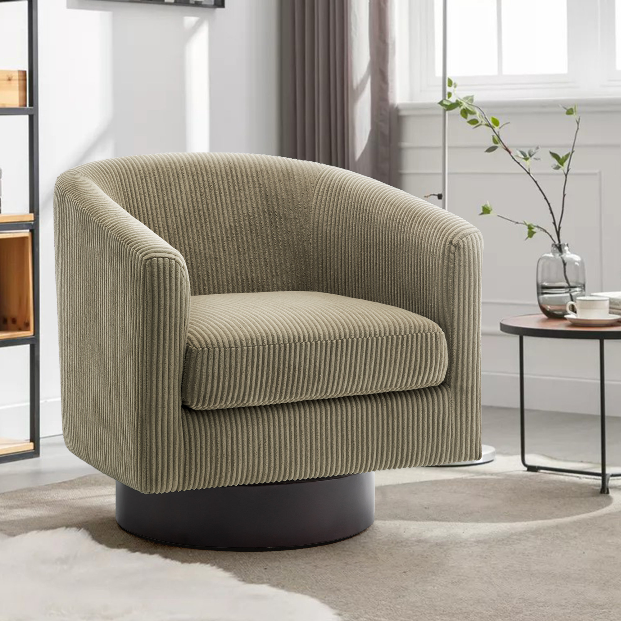 Wrought Studio™ Applewold Upholstered Corduroy Swivel Barrel Chair with ...