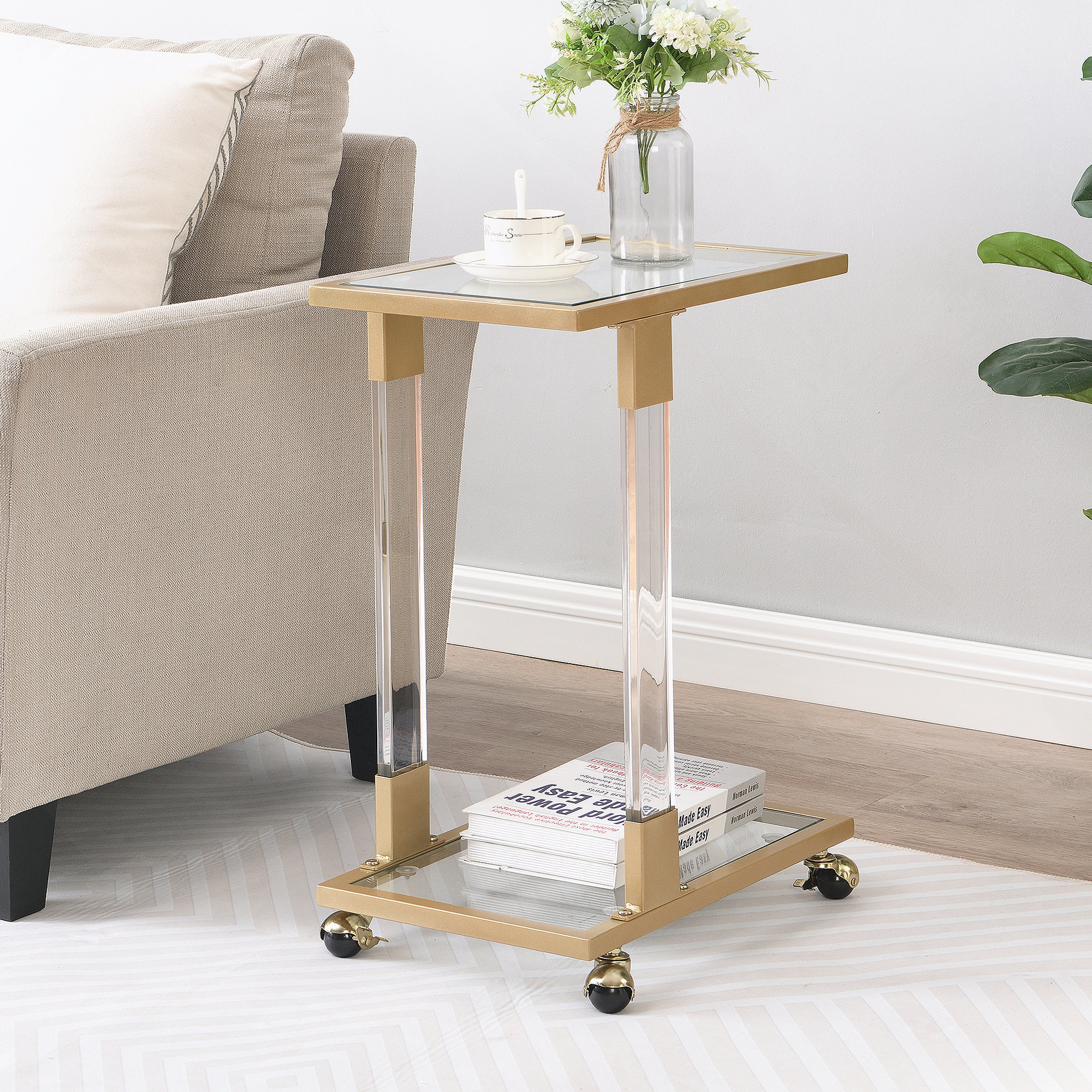 Mercer41 Acrylic Sofa Table, Glass Top C Shape Square Table with Metal ...