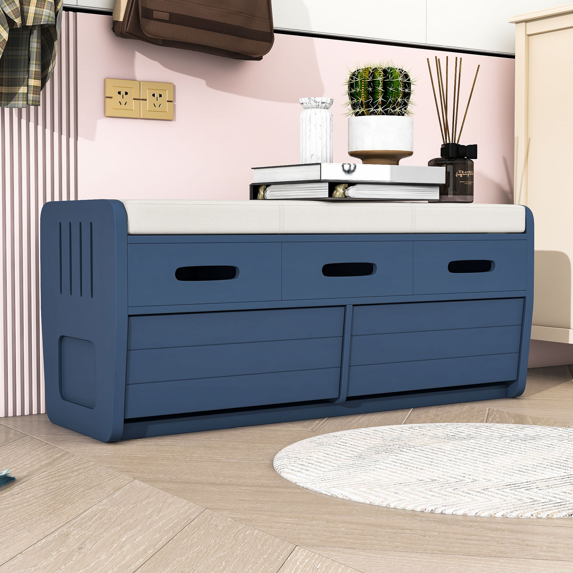 Lark Manor Rustic Storage Bench with Removable Cushion and 2 Drawers ...