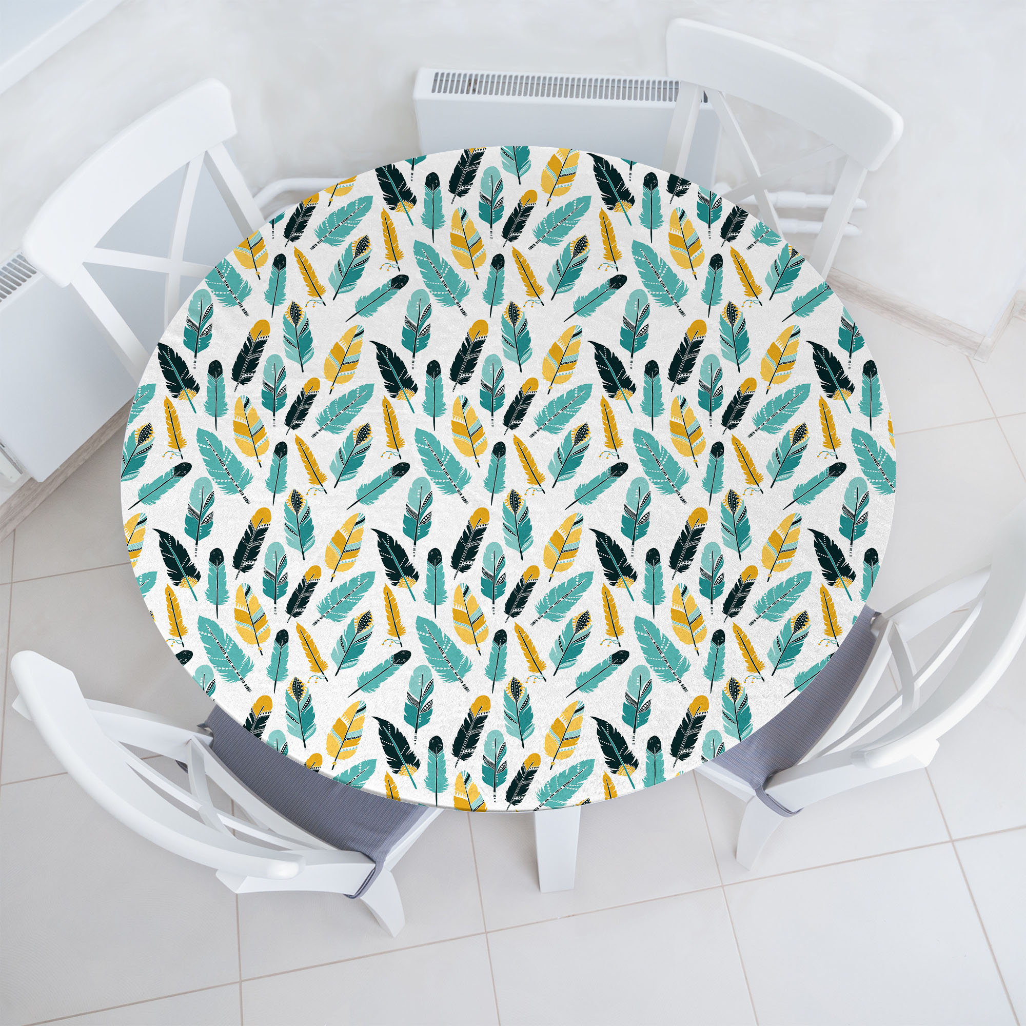 Ebern Designs Feather Fitted Round Tablecloth Diameter Dark Blue ...