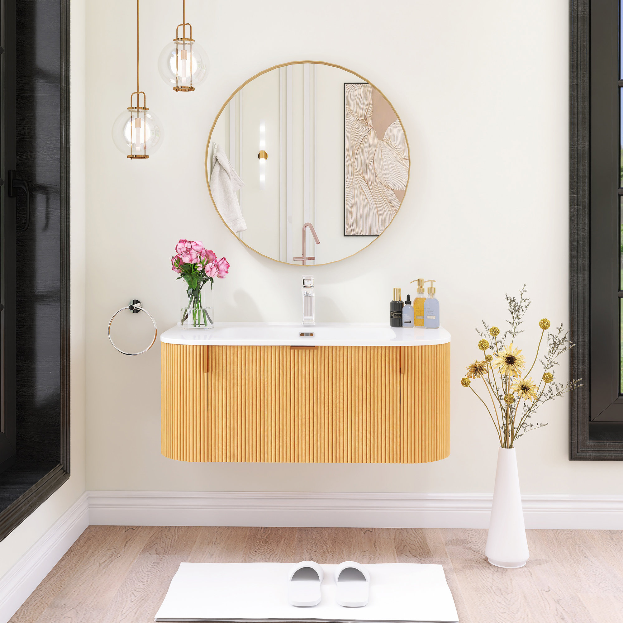 Latitude Run® 36" Wall-Mounted Floating Natural Walnut Bathroom Vanity ...