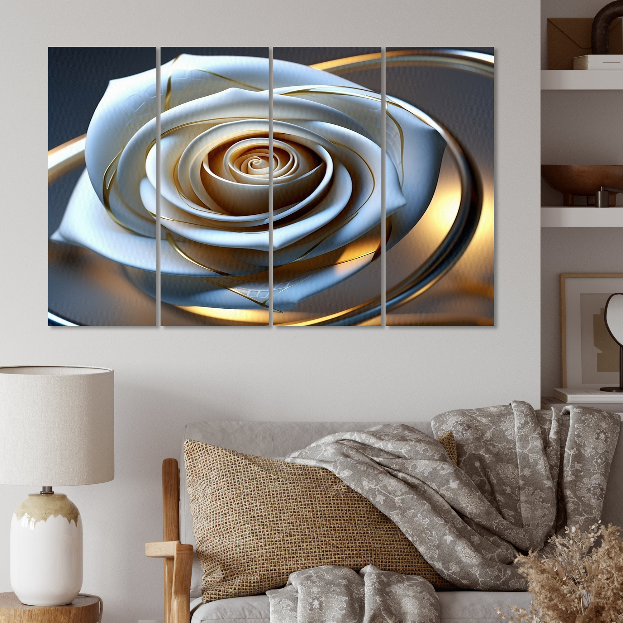 Ebern Designs Exquiste White Rose With Gilded Glam Petals I - Rose Wall ...