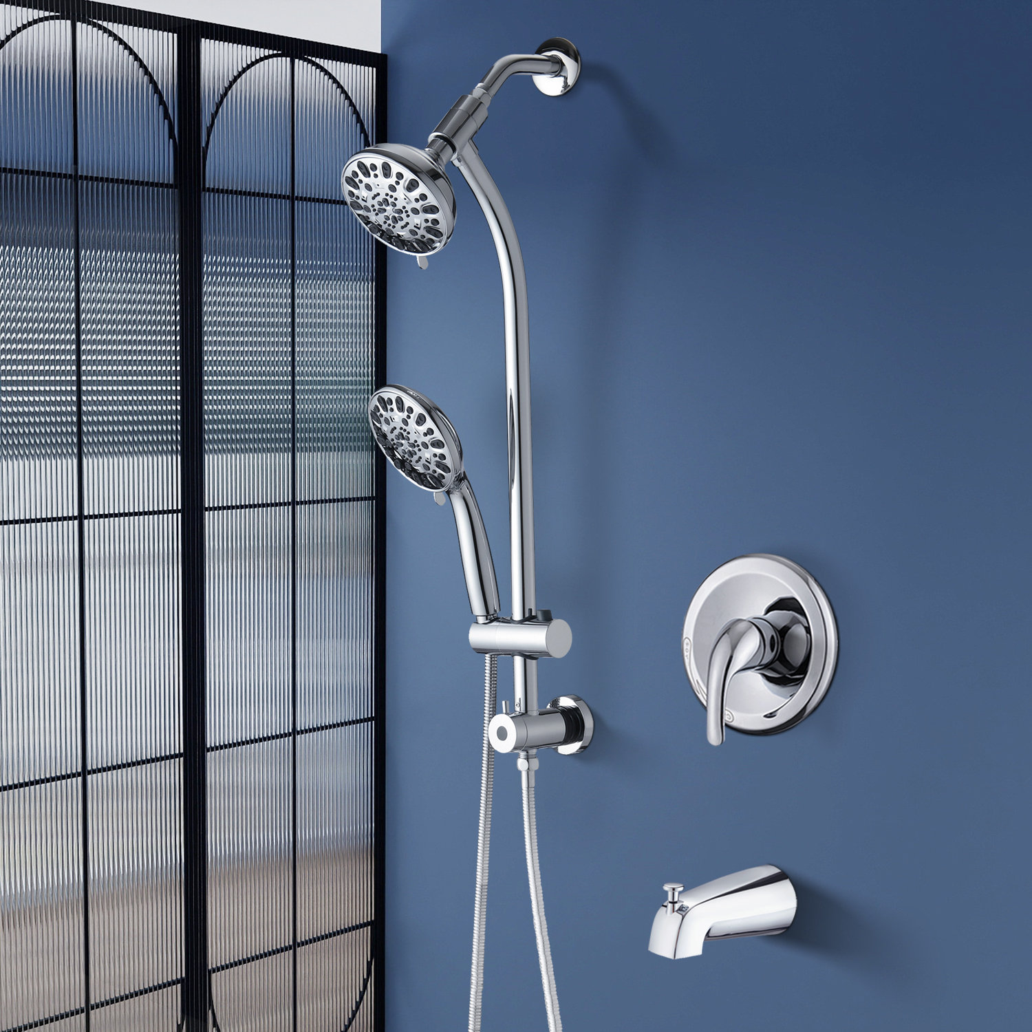 HHK HOME Drill-Free Stainless Steel Slide Bar Combo Rain Showerhead 7 ...