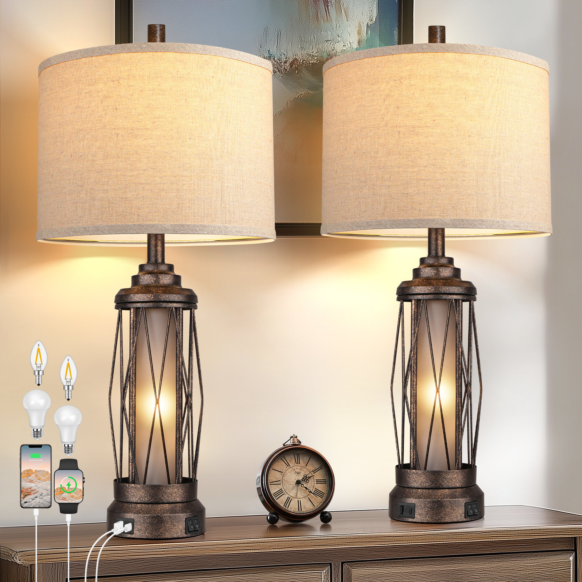 Gracie Oaks Farmhouse Table Lamps For Living Room, Rustic Nightstand ...