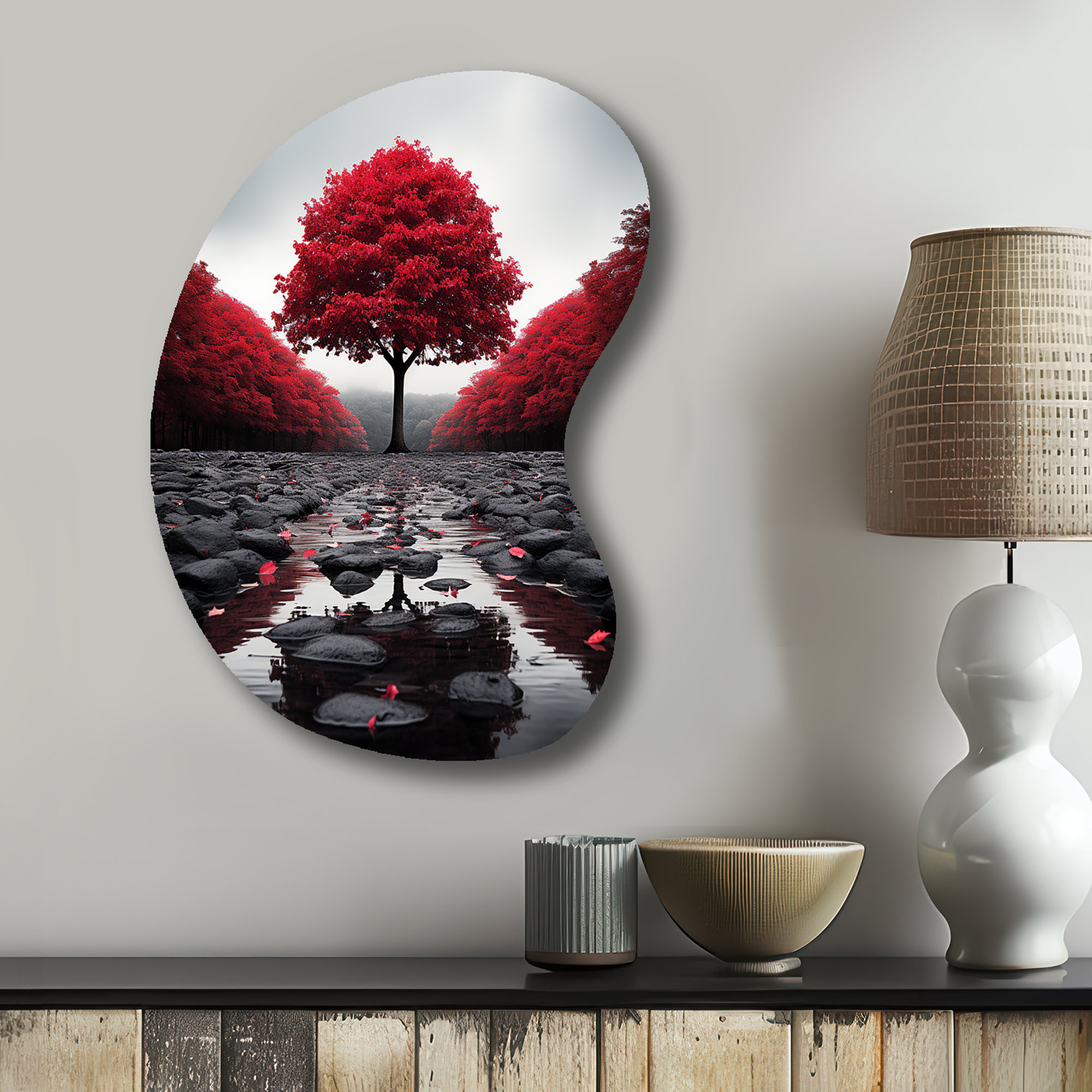 Design Art Red And Grey Forest Serenity - Forest Boom Shape Metal Wall ...