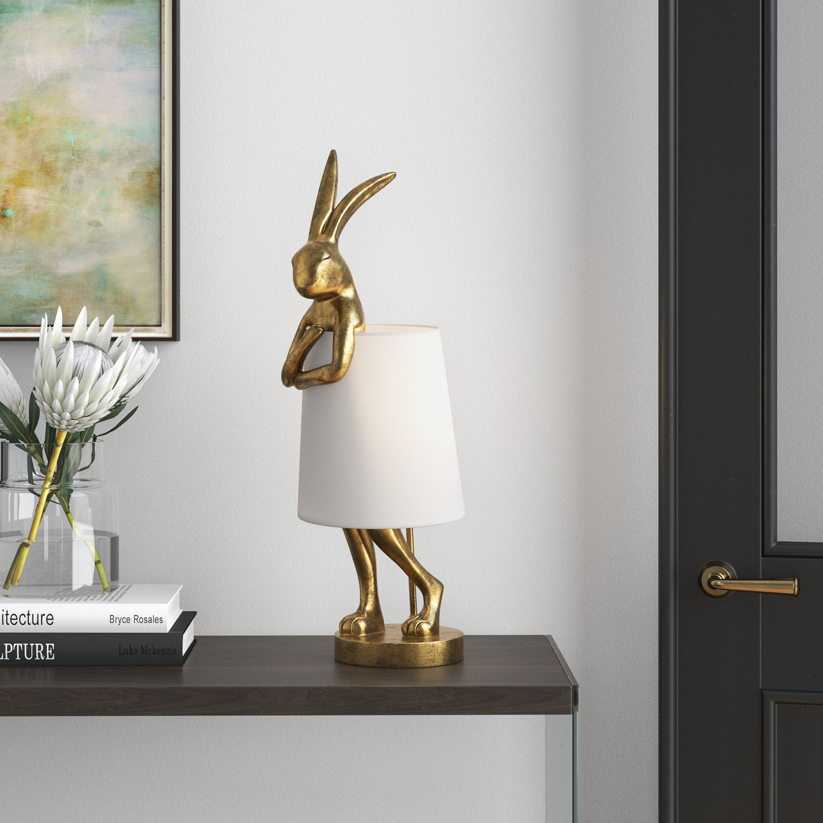 Mercury Row® Chester 27" Resin Rabbit Lamp with Linen Shade, Gold ...