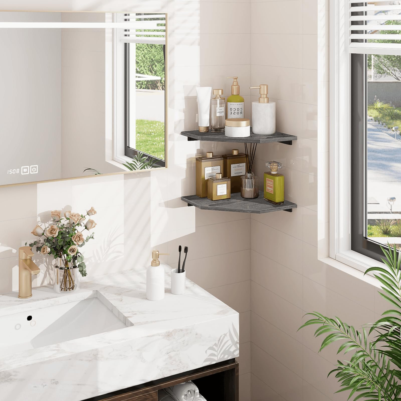 17 Stories Set Of 2 Rustic Corner Shelves With Cord Management ...