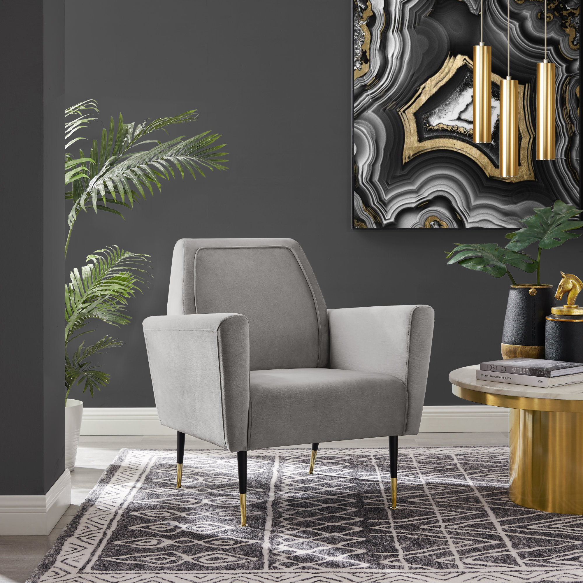 Everly Quinn Upholstered Accent Chair with Gold Tipped Legs | Wayfair