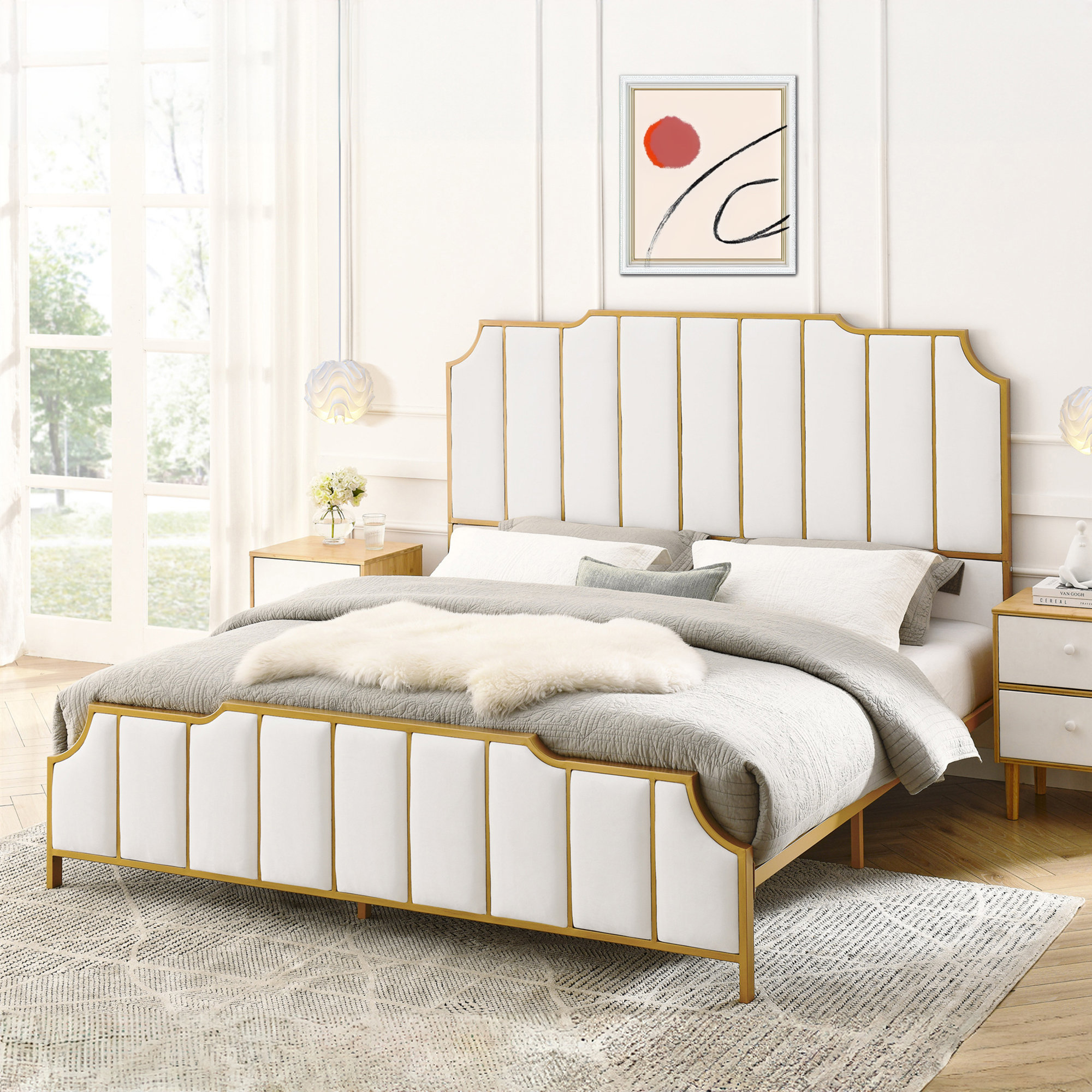 Rosdorf Park Velvet Platform Bed with Headboard, Upholstered Golden Bed ...