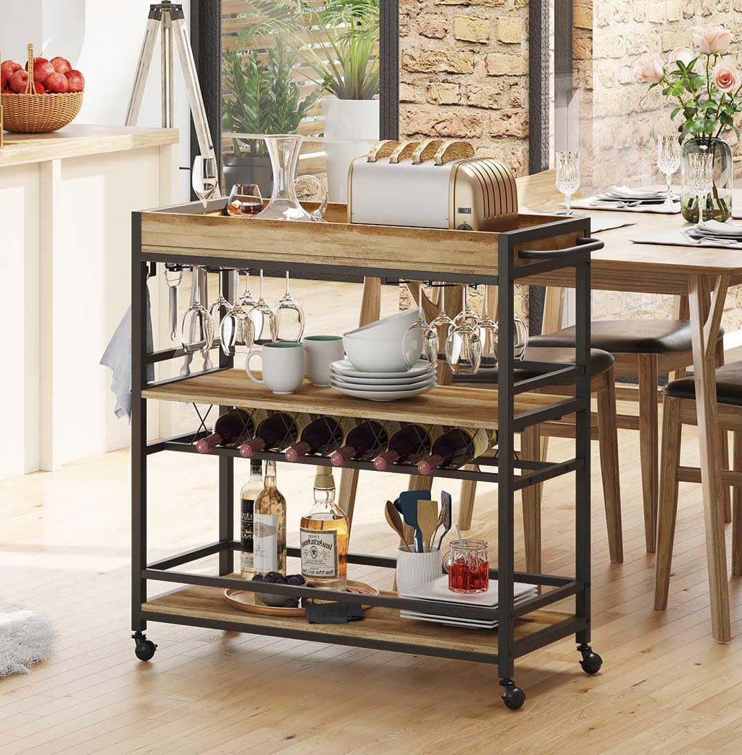 17 Stories Bar Cart for The Home, Rolling Home Bar Serving Cart on Wheels, 3 Tier Liquor ...