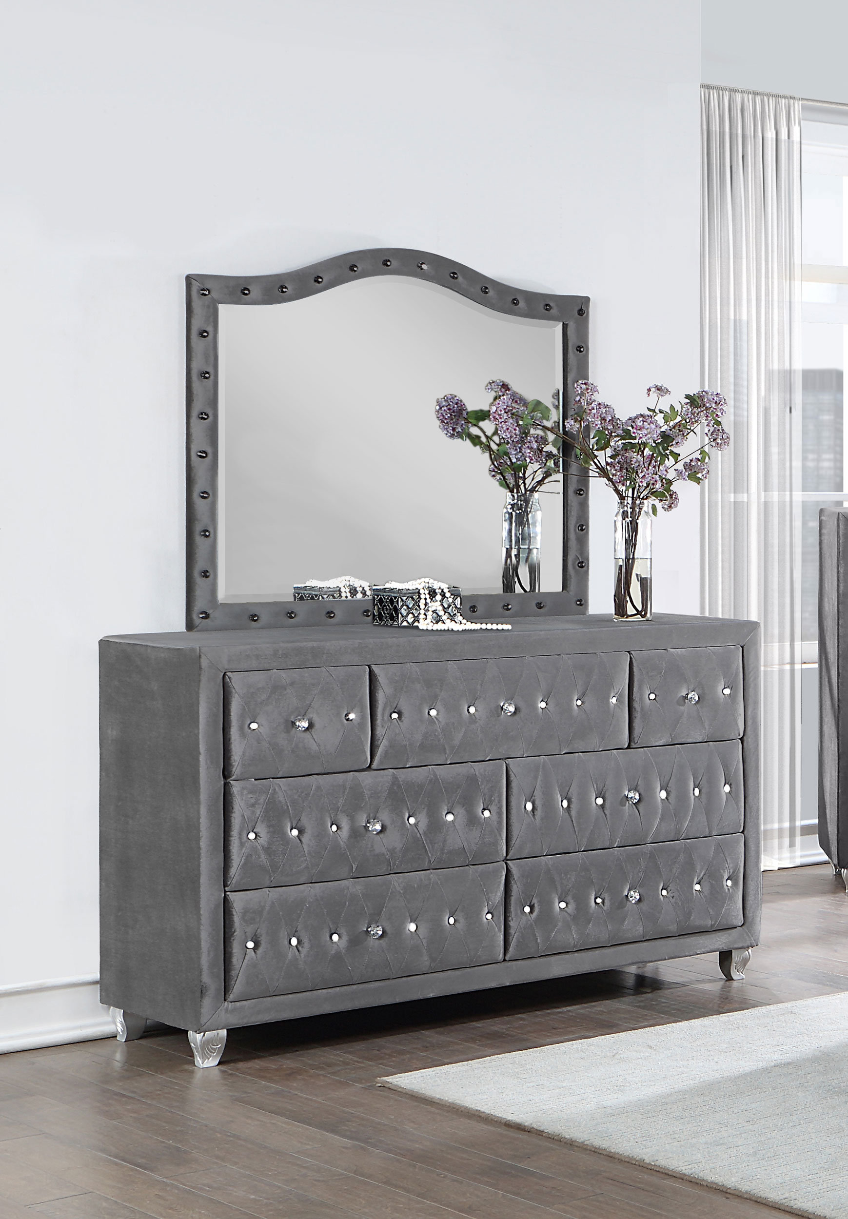 Everly Quinn Deanna 7-Drawer Upholstered Dresser With Mirror Black ...