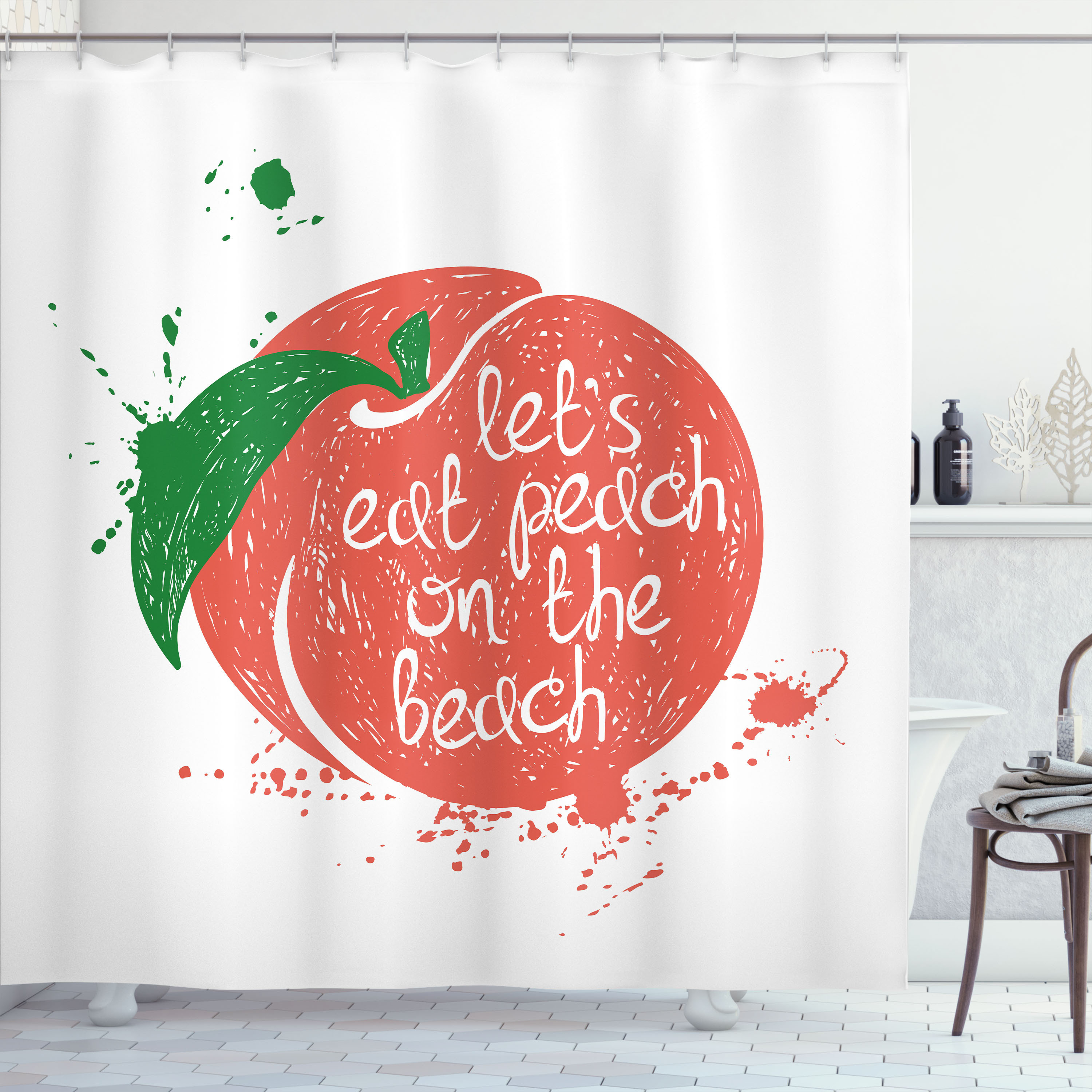 Dakota Fields Peach Shower Curtain Soft Fruit Quirky Words Green Coral dakota-fields-peach-shower-curtain-soft-fruit-quirky-words-green-coral