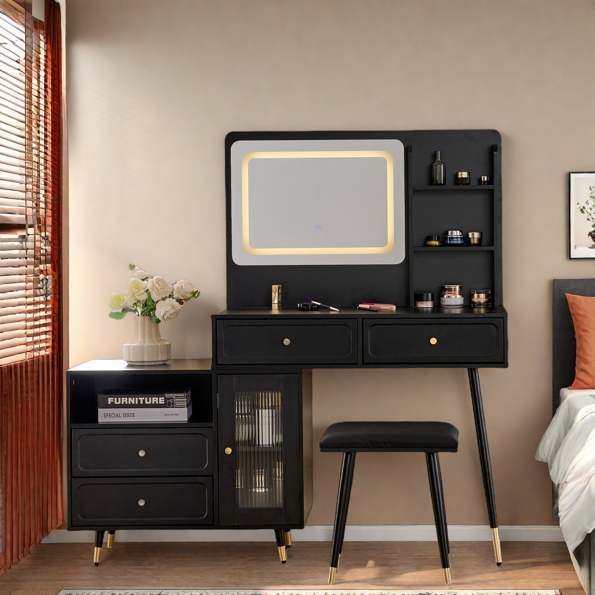 George Oliver Retractable Makeup Vanity Desk With Mirror And Lights, 2 ...