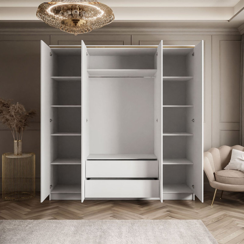 Brayden Studio AURORA 4D white gloss Wardrobe with mirror, Push-to-Open ...