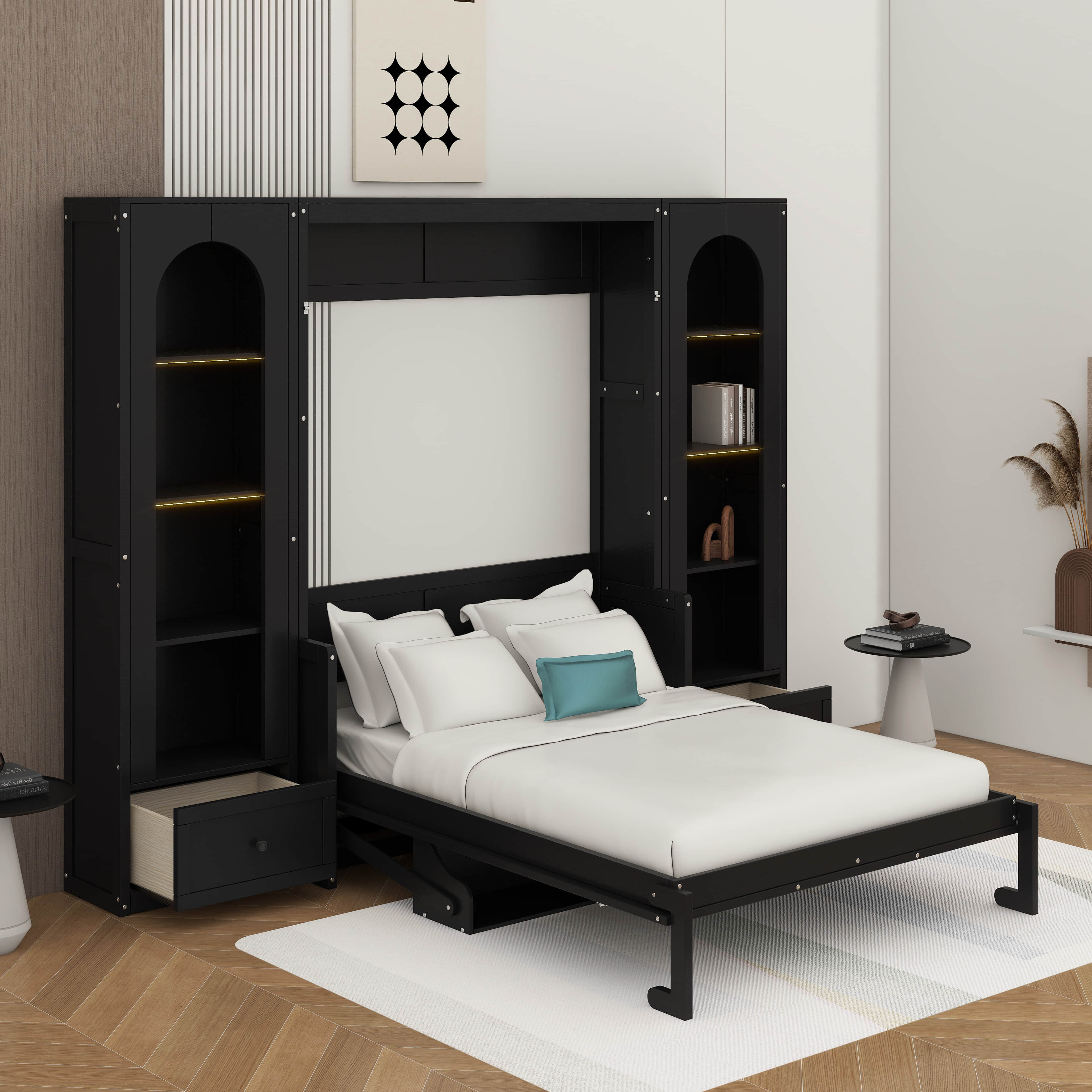 Orren Ellis Queen Size Murphy Platform Bed With Shelf, Side Cabinets ...