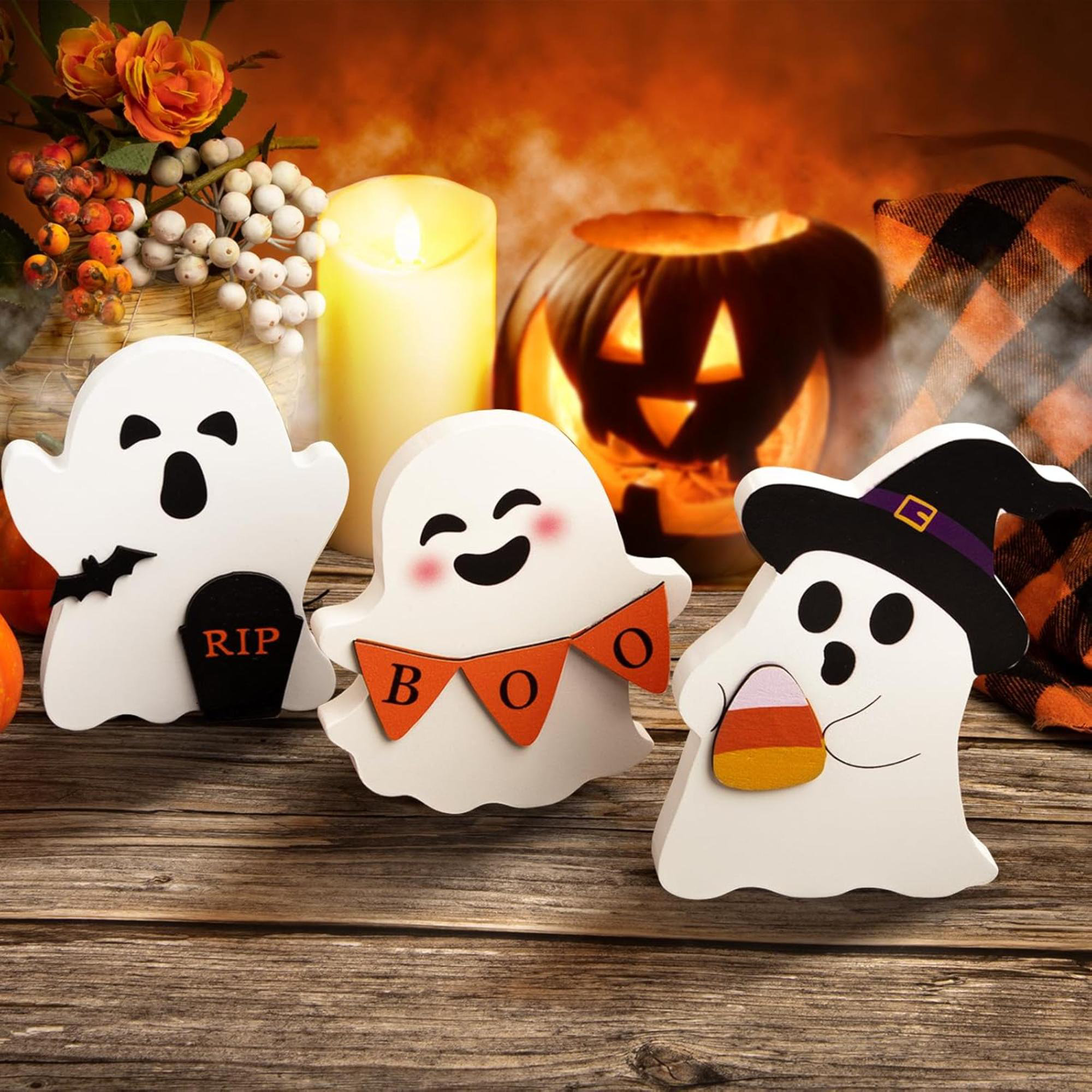 The Holiday Aisle® Cute Ghost Halloween Decorations Indoor, Wooden ...